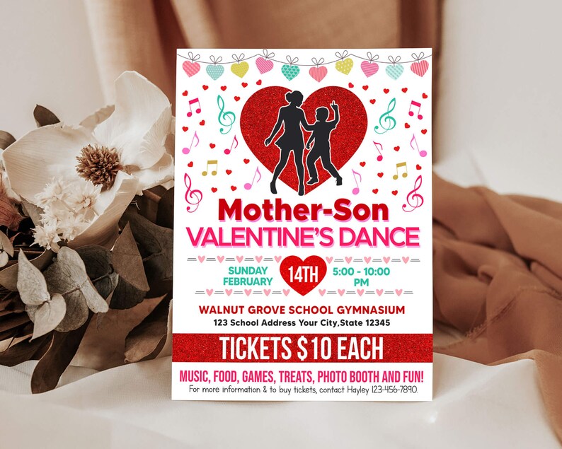 Editable Mother Son Valentine's Day Dance Flyer, Valentines School ...