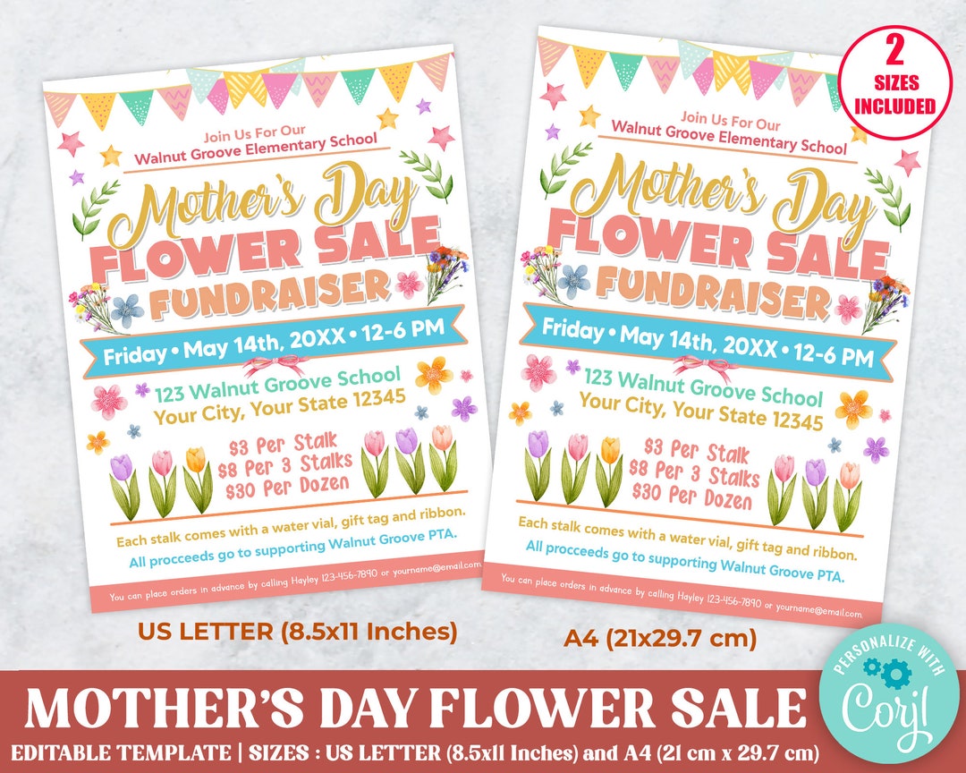 Editable Mother's Day Flower Fundraiser Flyer, School PTO PTA ...