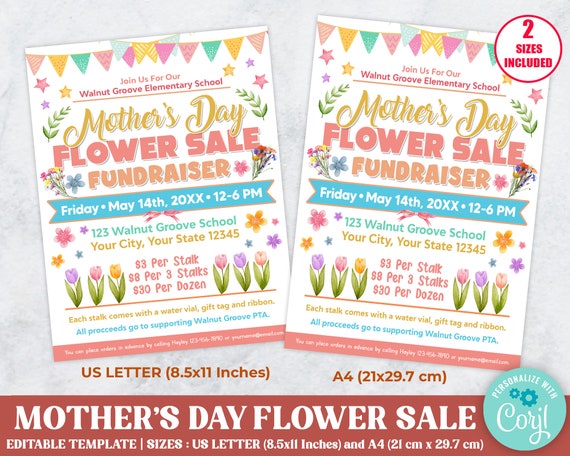 Editable Mother's Day Flower Fundraiser Flyer, School PTO PTA ...