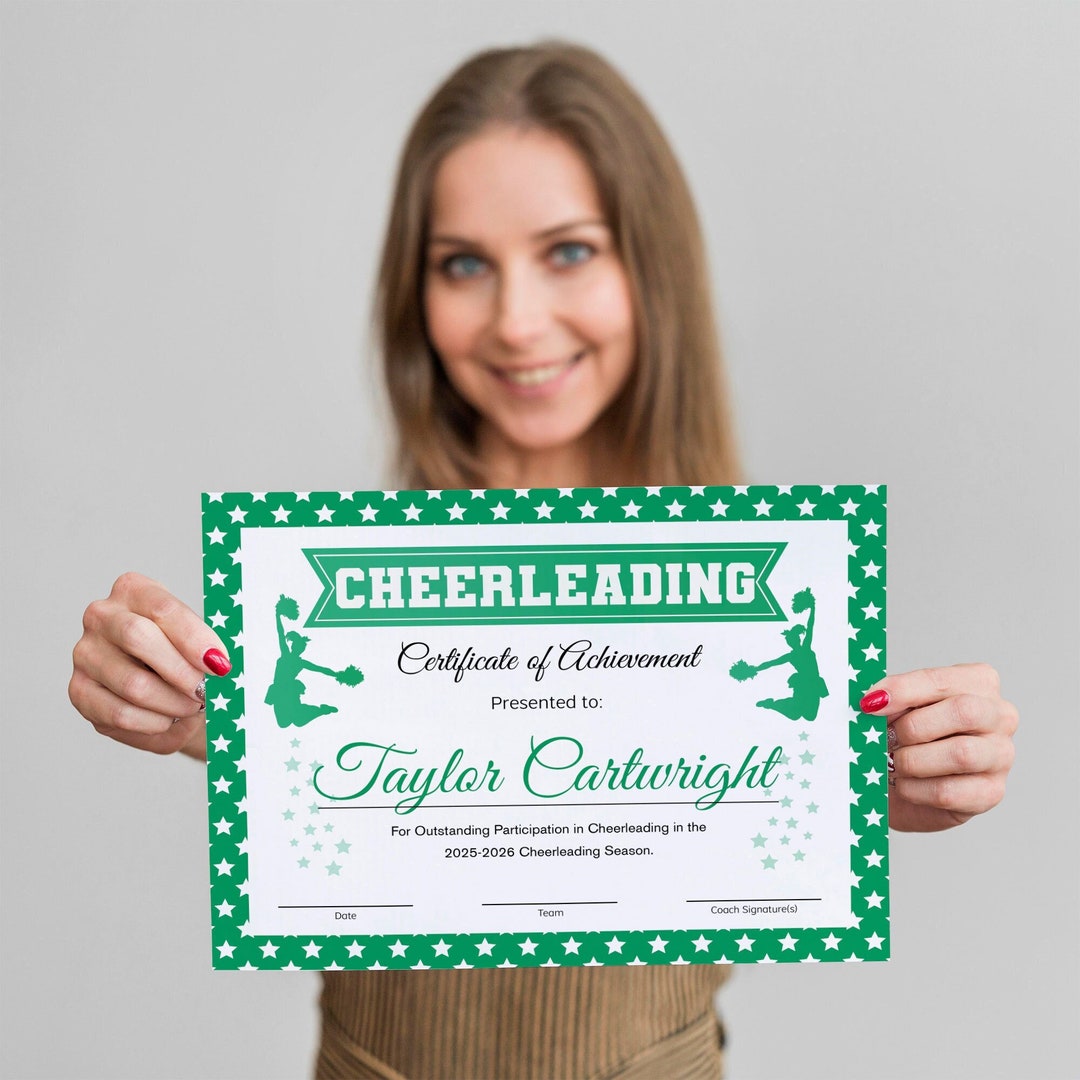 EDITABLE Cheerleader Certificate, Green DIY Cheerleading Award ...
