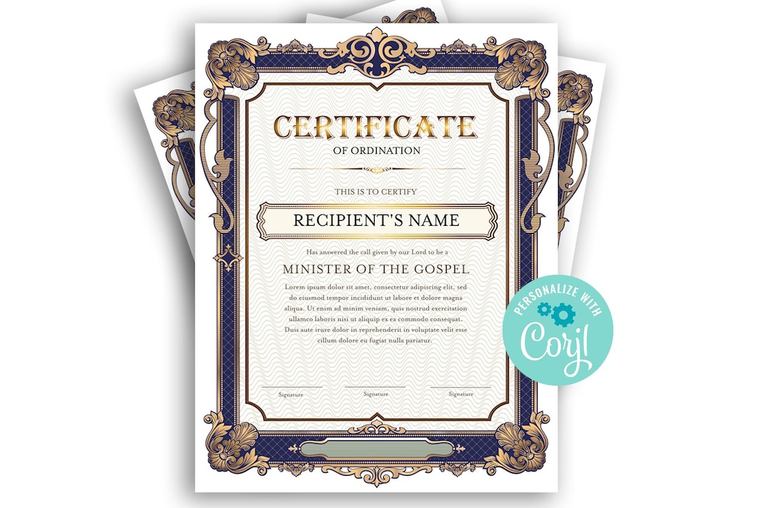Editable Certificate of Ordination Portrait Orientation, Blue and Gold ...