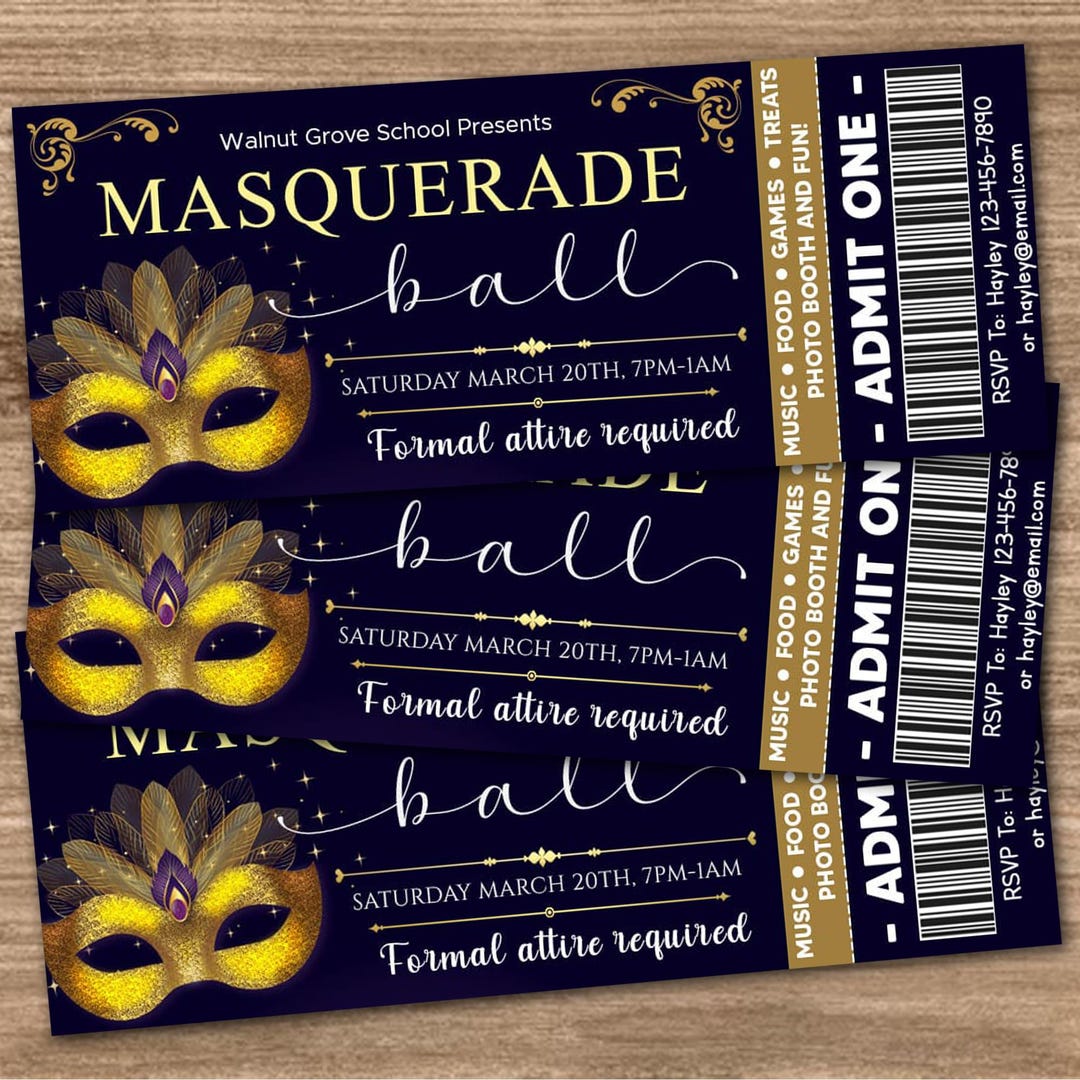 Editable Masquerade Ball Invitation Ticket Template, Masquerade Prom ...