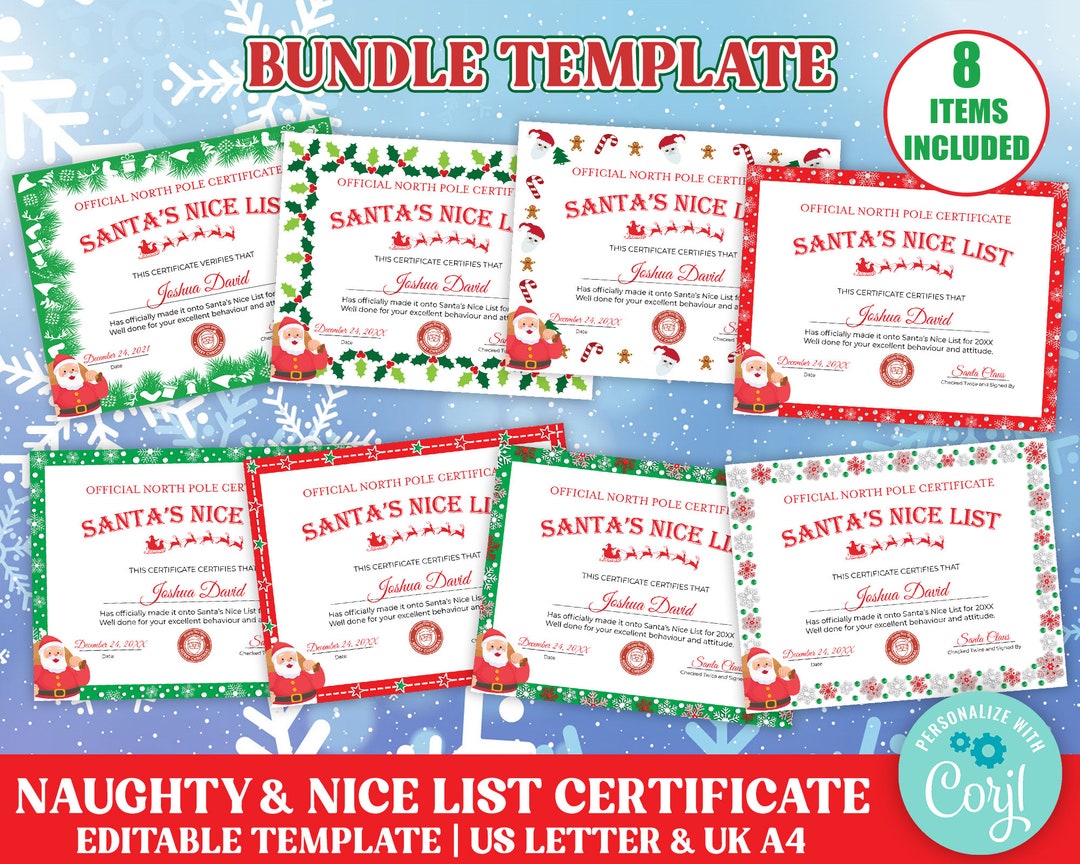 8 Editable Christmas Nice List Certificate Template Bundle, Set of 8 ...