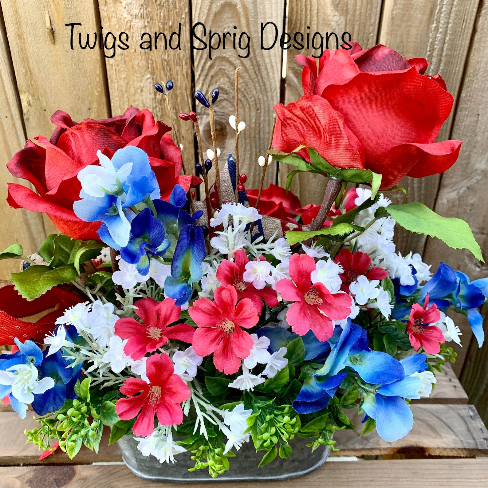 Patriotic Red Rose Floral Arrangement, Americana Home Decor, Farmhouse ...