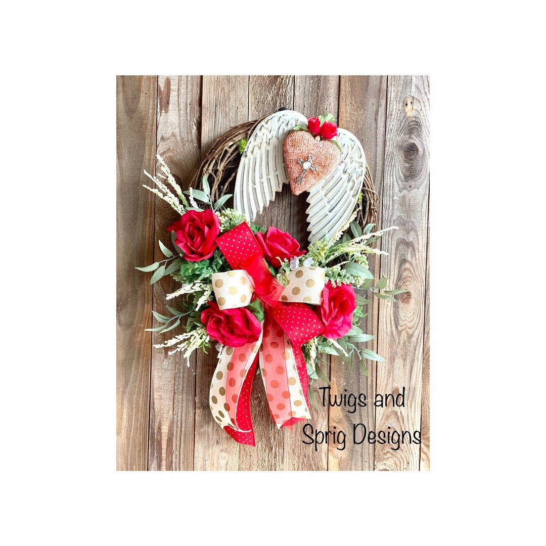 Valentine Metal Angel Wings Wreath for Front Door, Red Roses Twig ...