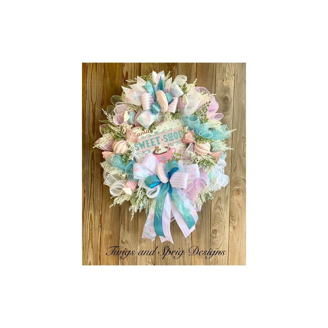 Santa's Sweet Shop Sign Christmas Wreath, Pink and Blue Holiday Front ...