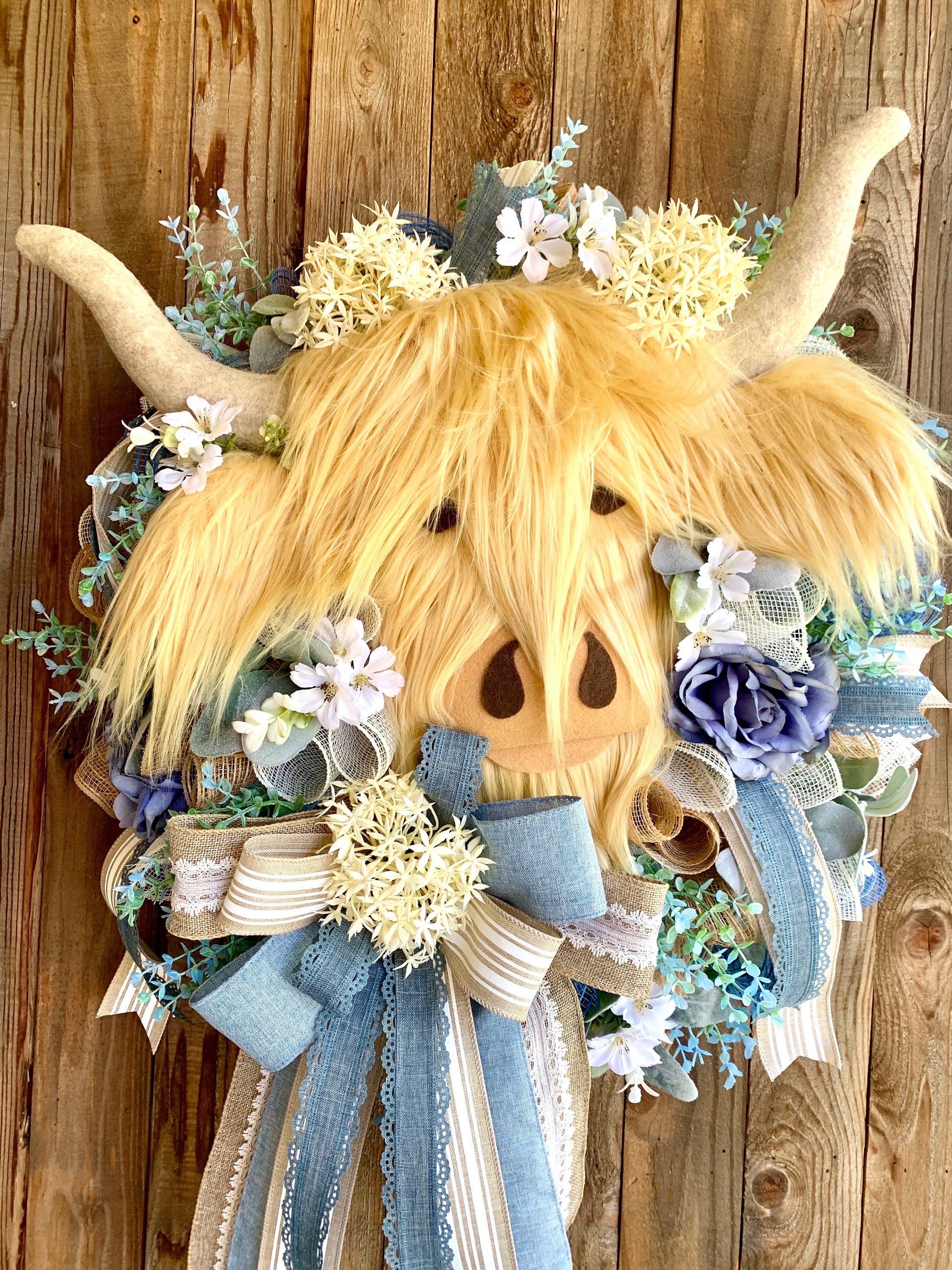Highland Cow Wreath, Farmhouse-style Front Door Decor, Blue Roses and ...