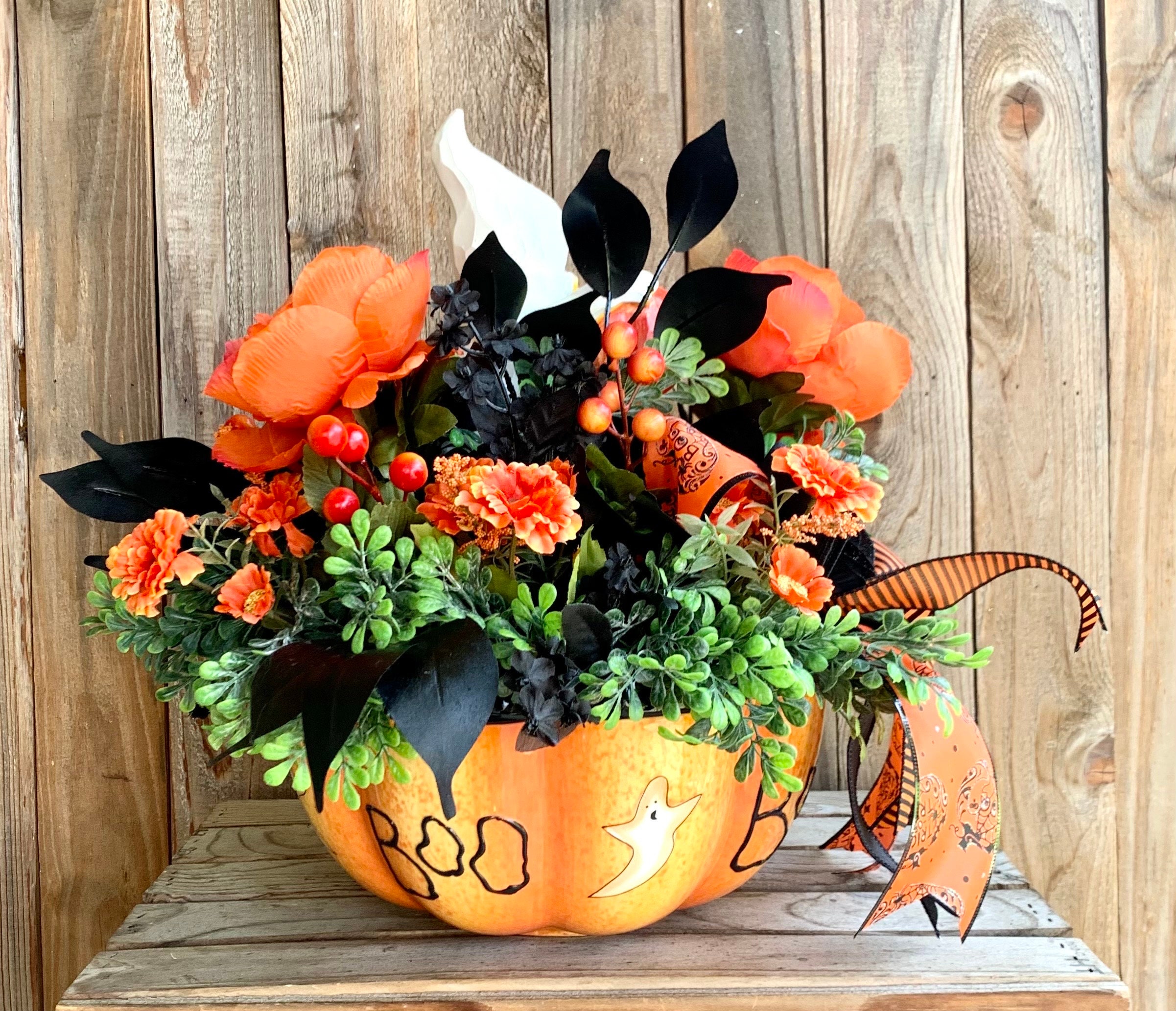 Boo Ghost Floral Centerpiece, Black and Orange Table Decor, Ghost Theme Floral Decor, Halloween ...
