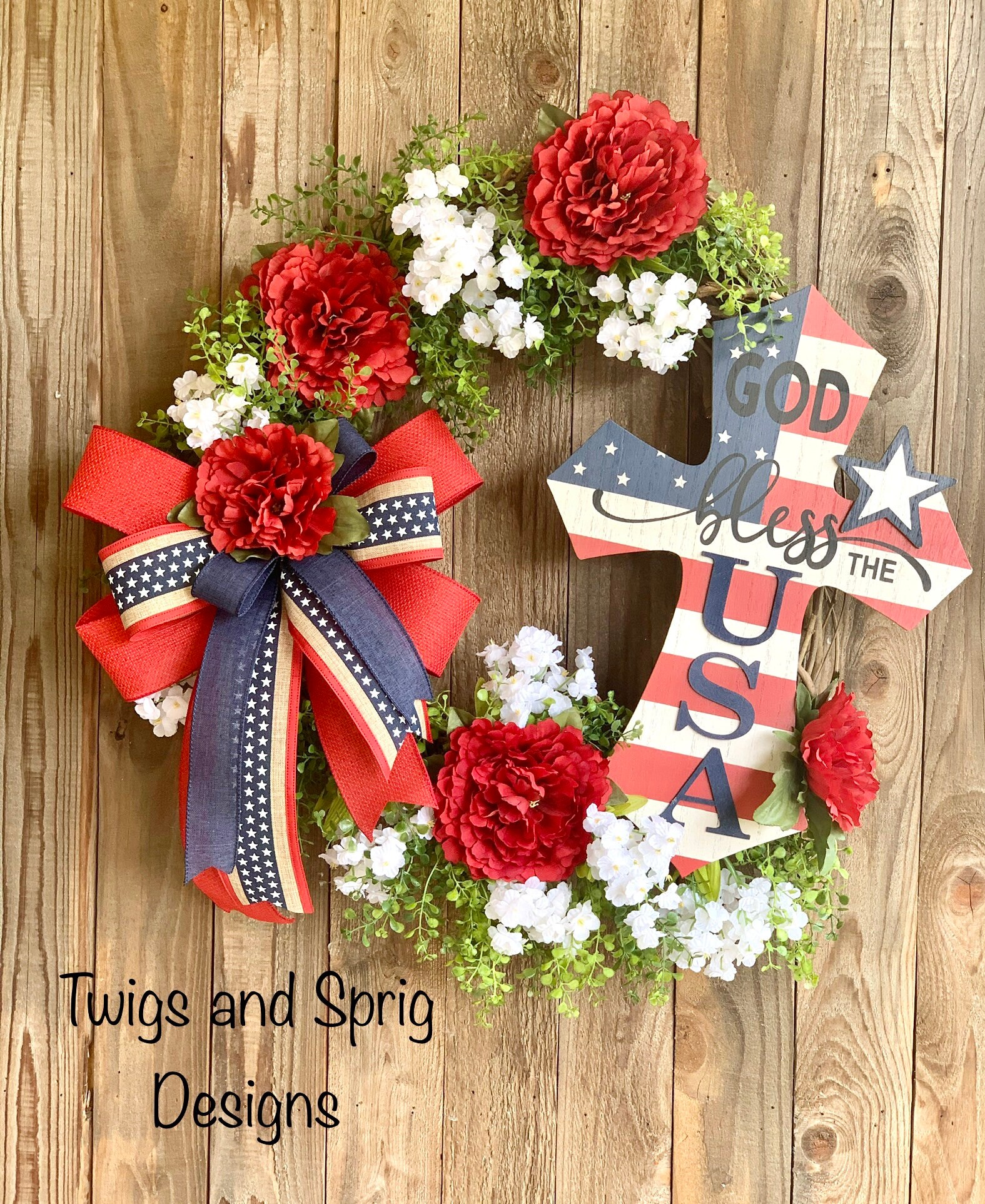 God Bless the USA Patriotic Wood Cross Grapevine Wreath Red - Etsy