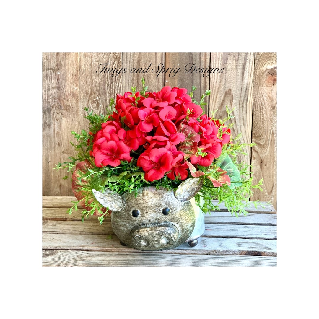 Farmhouse Style Pig Centerpiece With Red Geraniums and Fern Greenery ...