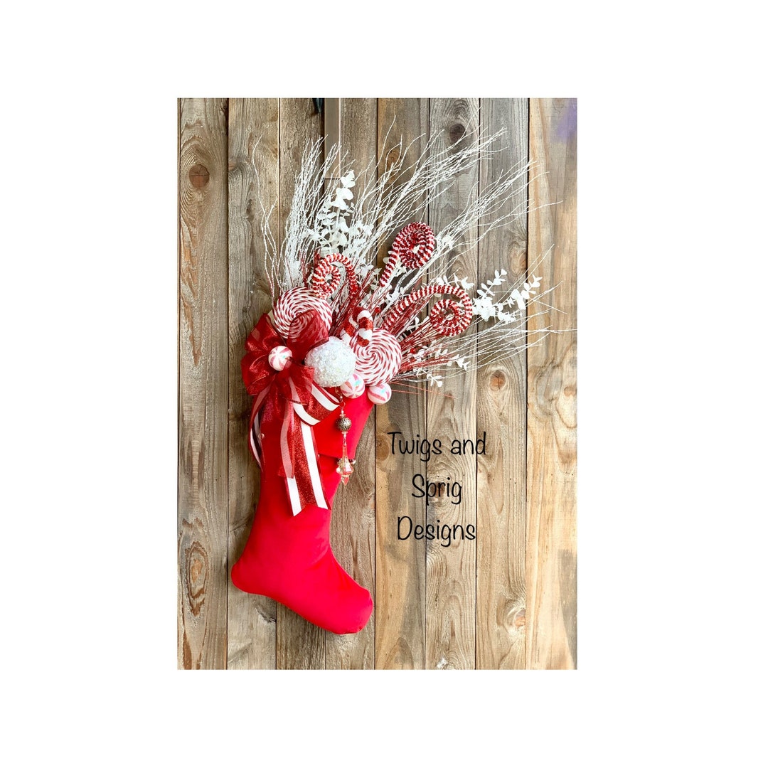 Red Stocking Christmas Wall Hanging, Candy Cane Stocking Front Door ...