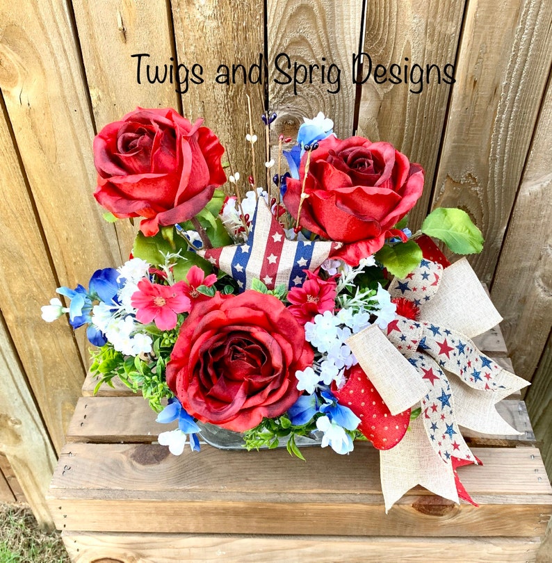 Patriotic Red Rose Floral Arrangement, Americana Home Decor, Farmhouse ...