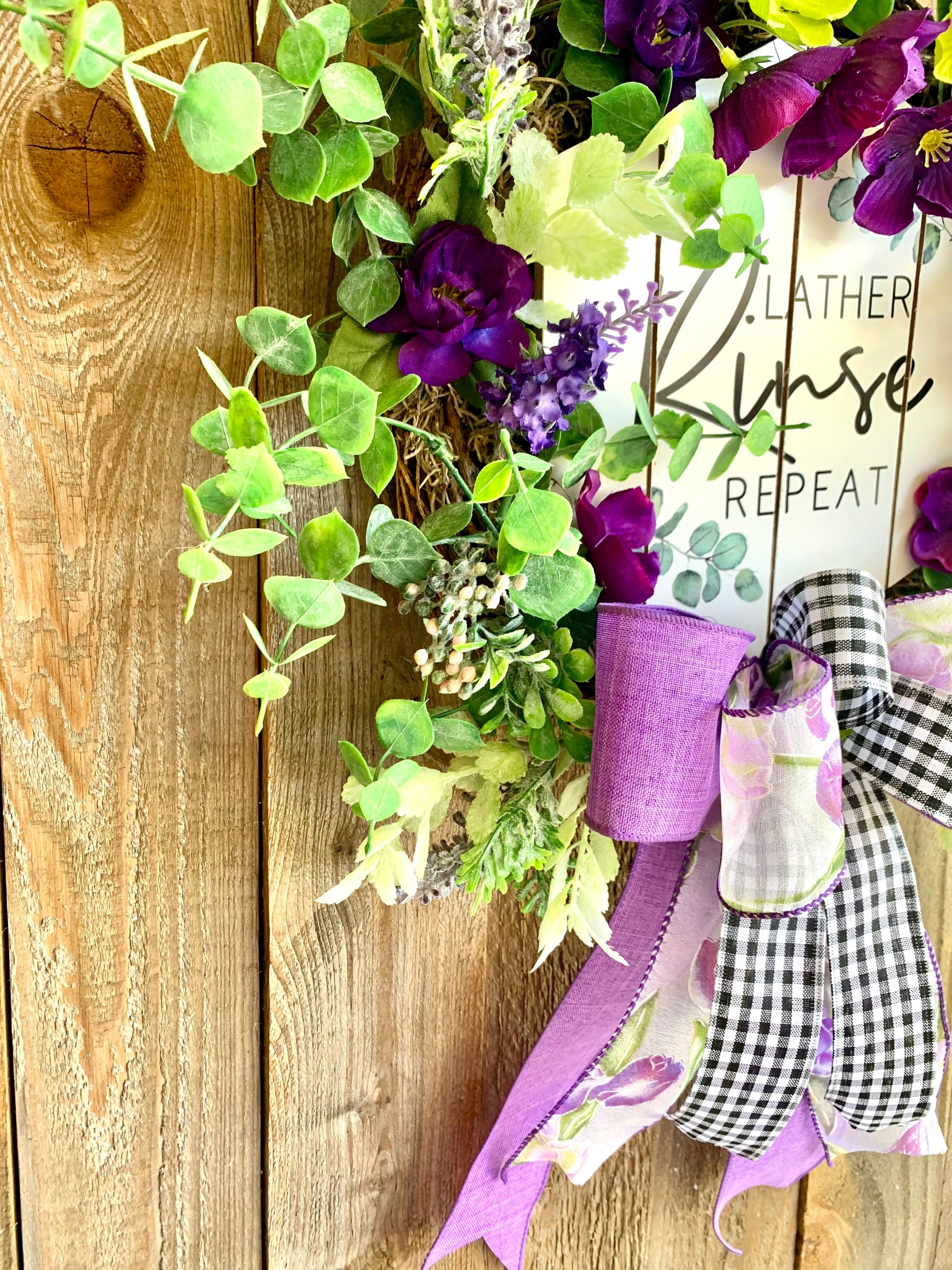 Handwashing Wreath, Bathroom Decor, Purple Floral Grapevine, Eucalyptus ...