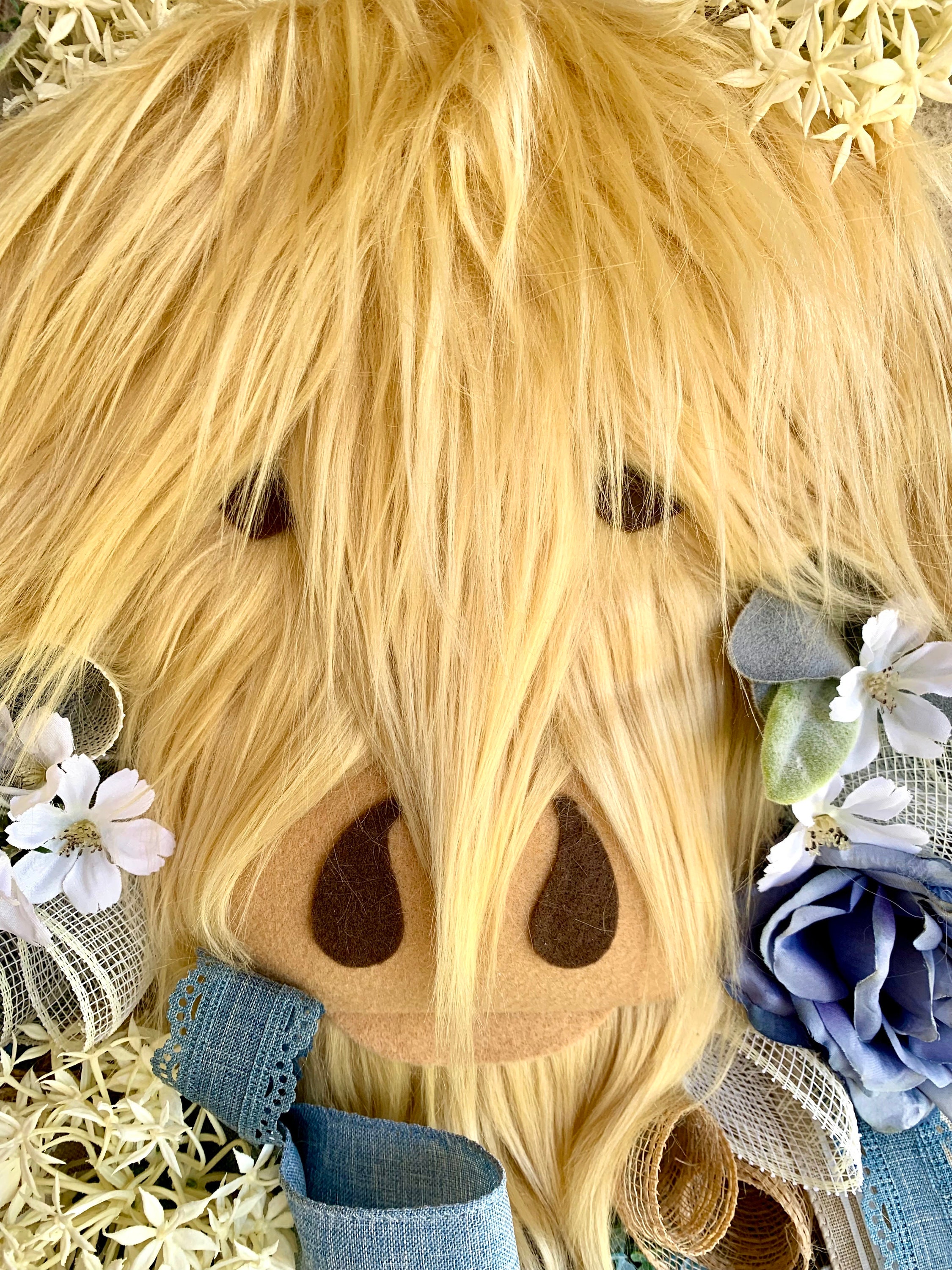 Highland Cow Wreath, Farmhouse-style Front Door Decor, Blue Roses and ...