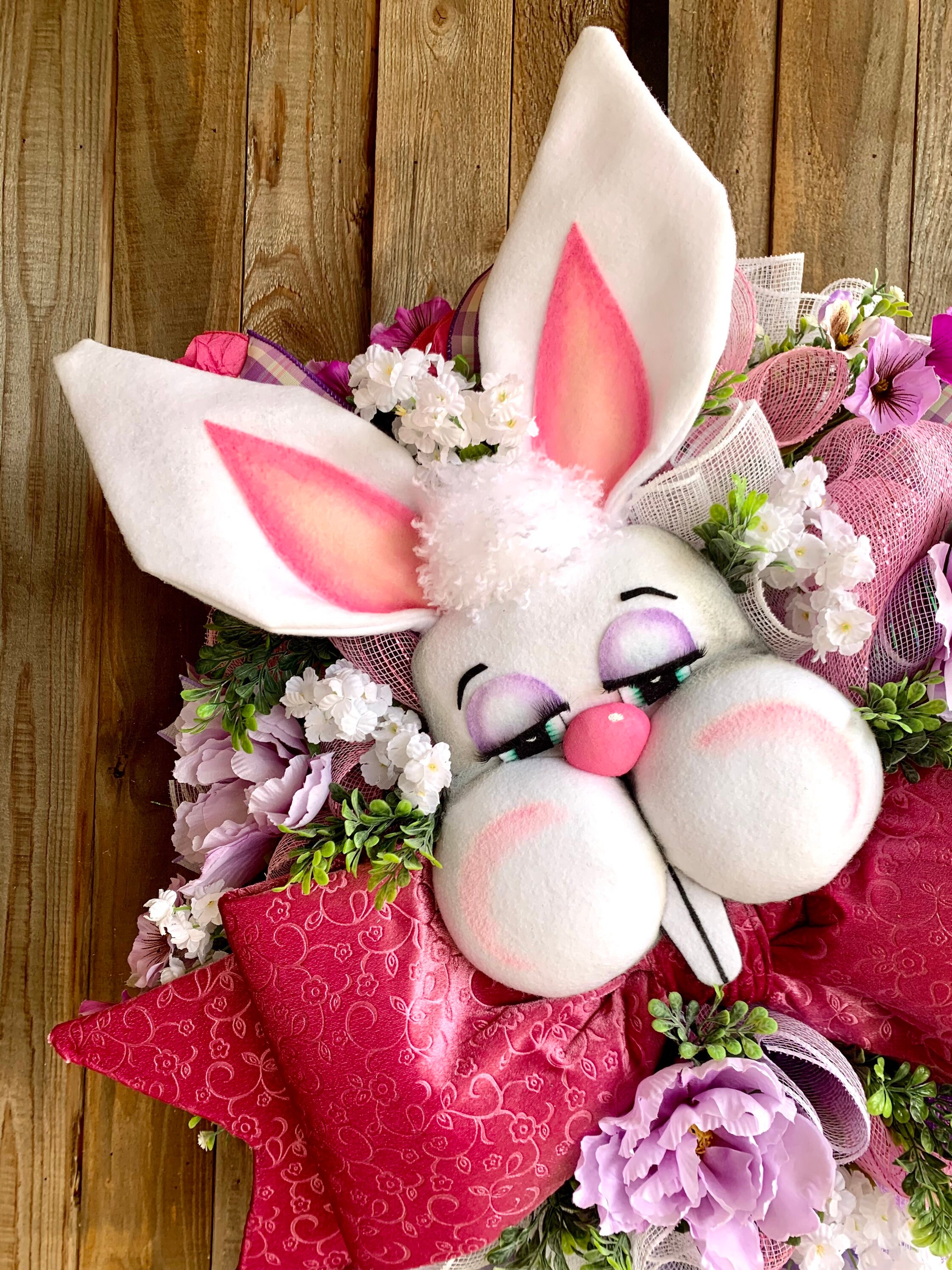 Bunny Head Wreath for Front Door, Pink Easter Wreath, Easter Bow Decor ...
