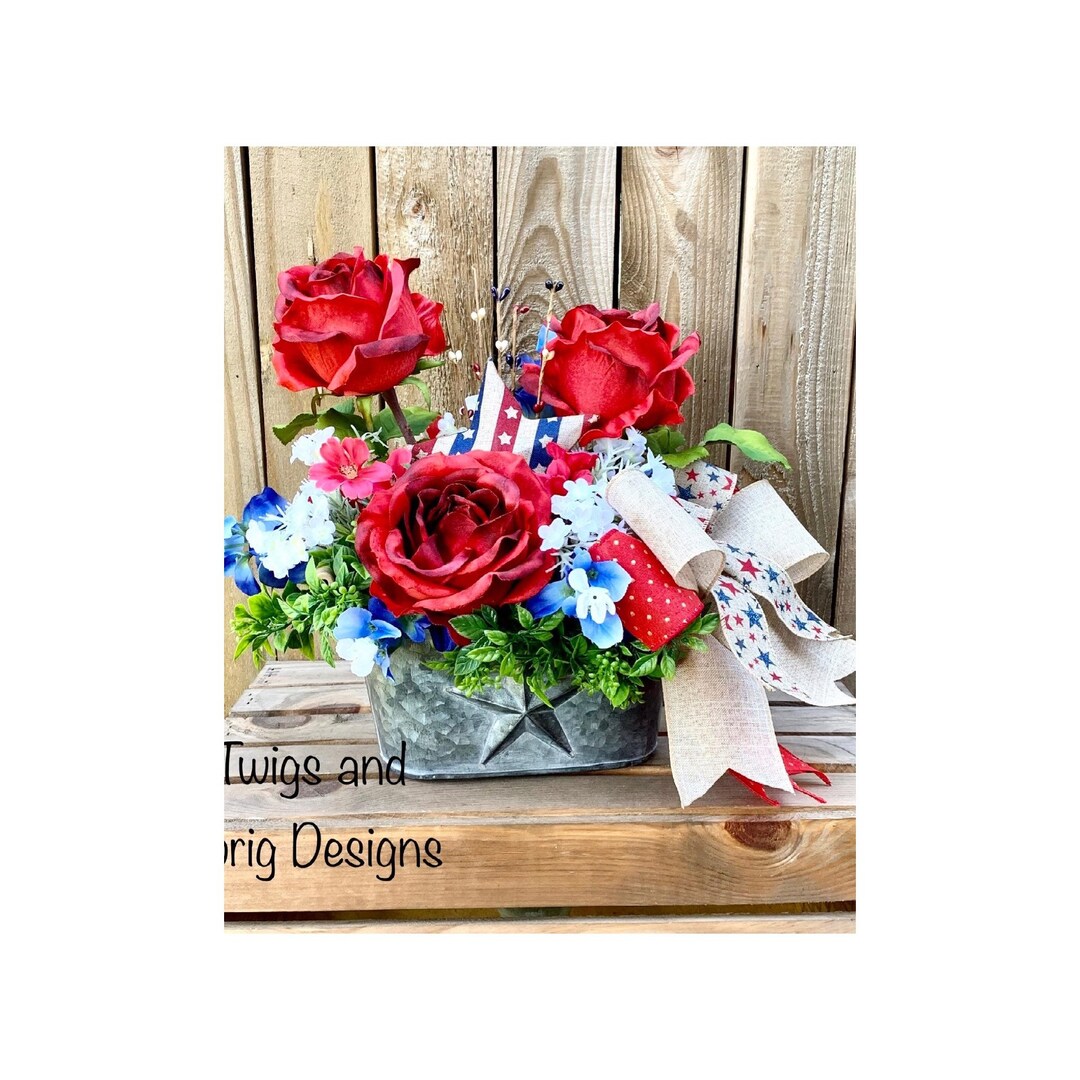 Patriotic Red Rose Floral Arrangement, Americana Home Decor, Farmhouse ...
