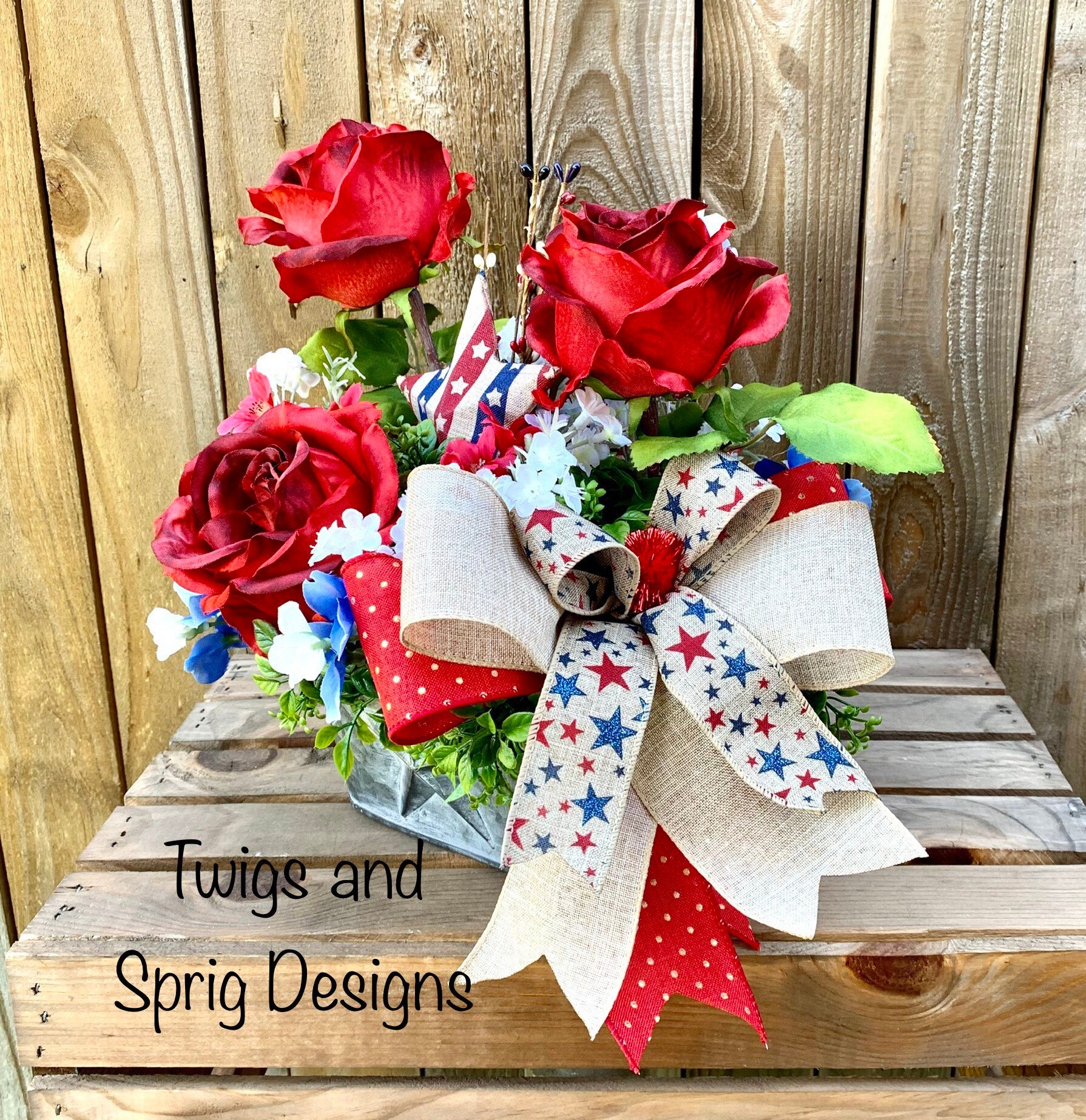 Patriotic Red Rose Floral Arrangement, Americana Home Decor, Farmhouse ...