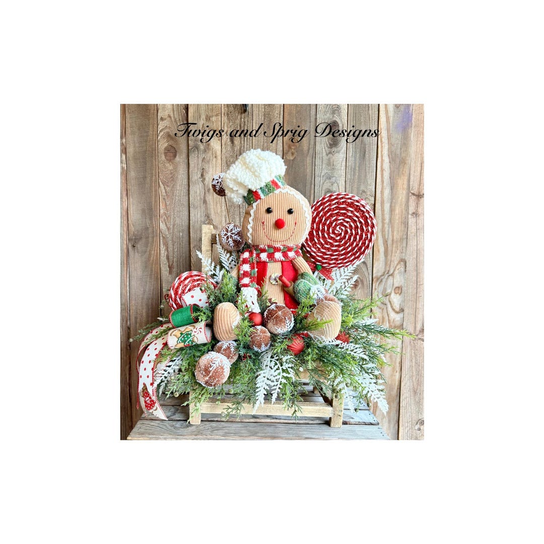 Christmas Plush Gingerbread Centerpiece on A Wood Bench, Whimsical ...