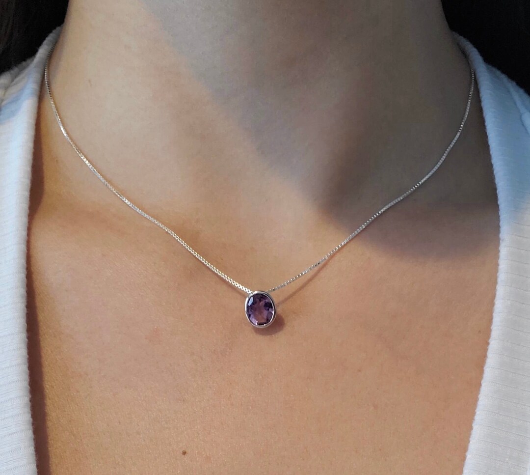 Amethyst Necklace, With Chain Included, Sterling Silver, Bezel Set ...