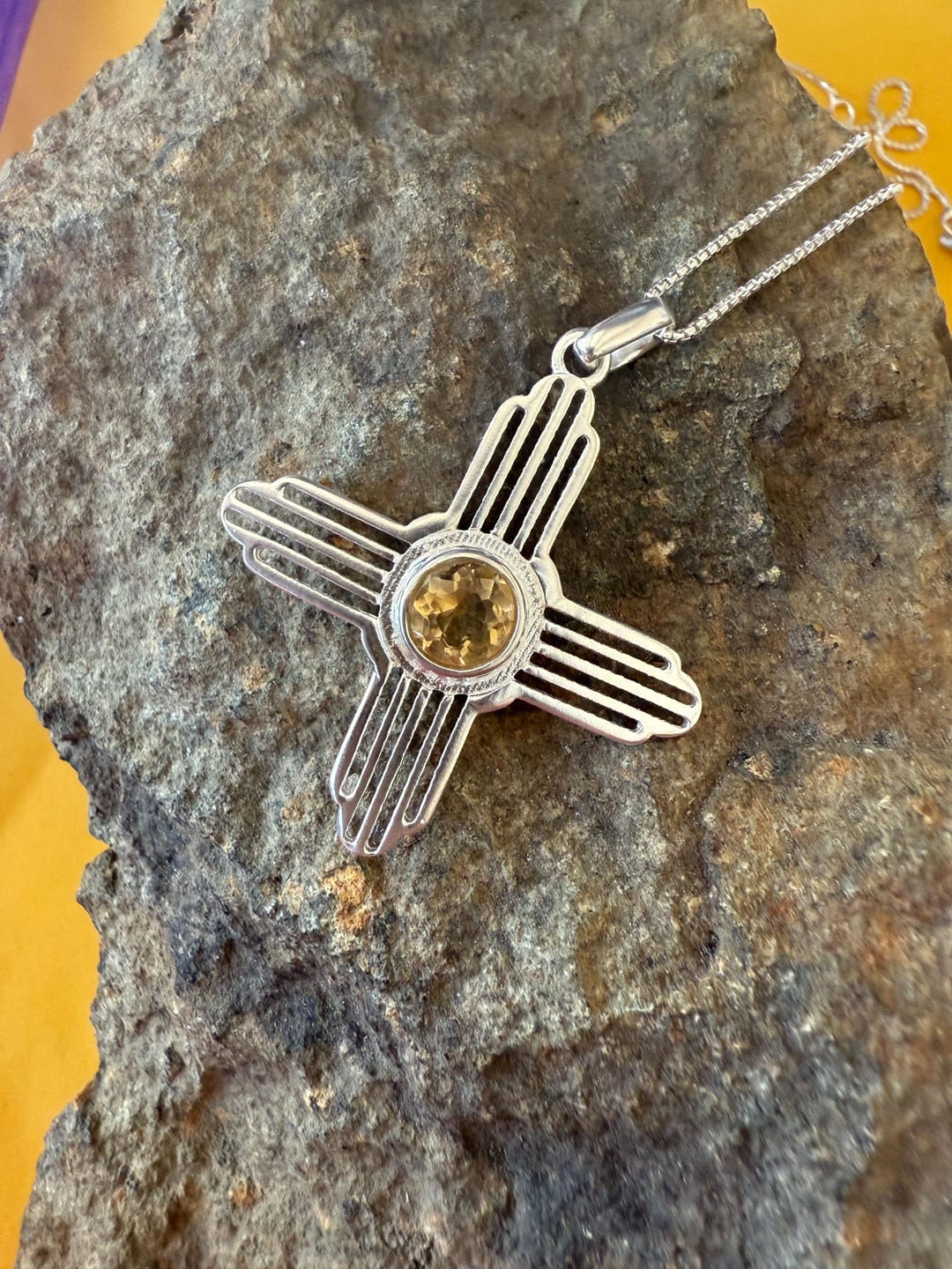 Zia Pendant, Sterling Silver and Citrine, Native American Sun Symbol ...