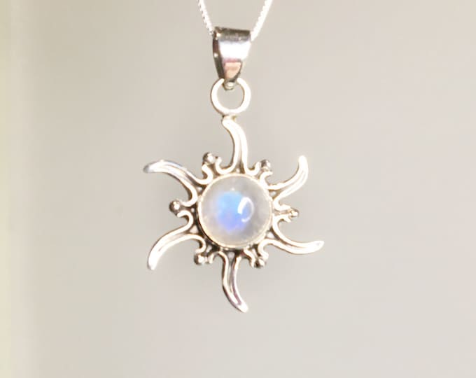 Rainbow Moonstone Necklace, Sterling Silver Moonstone Sun Pendant ...