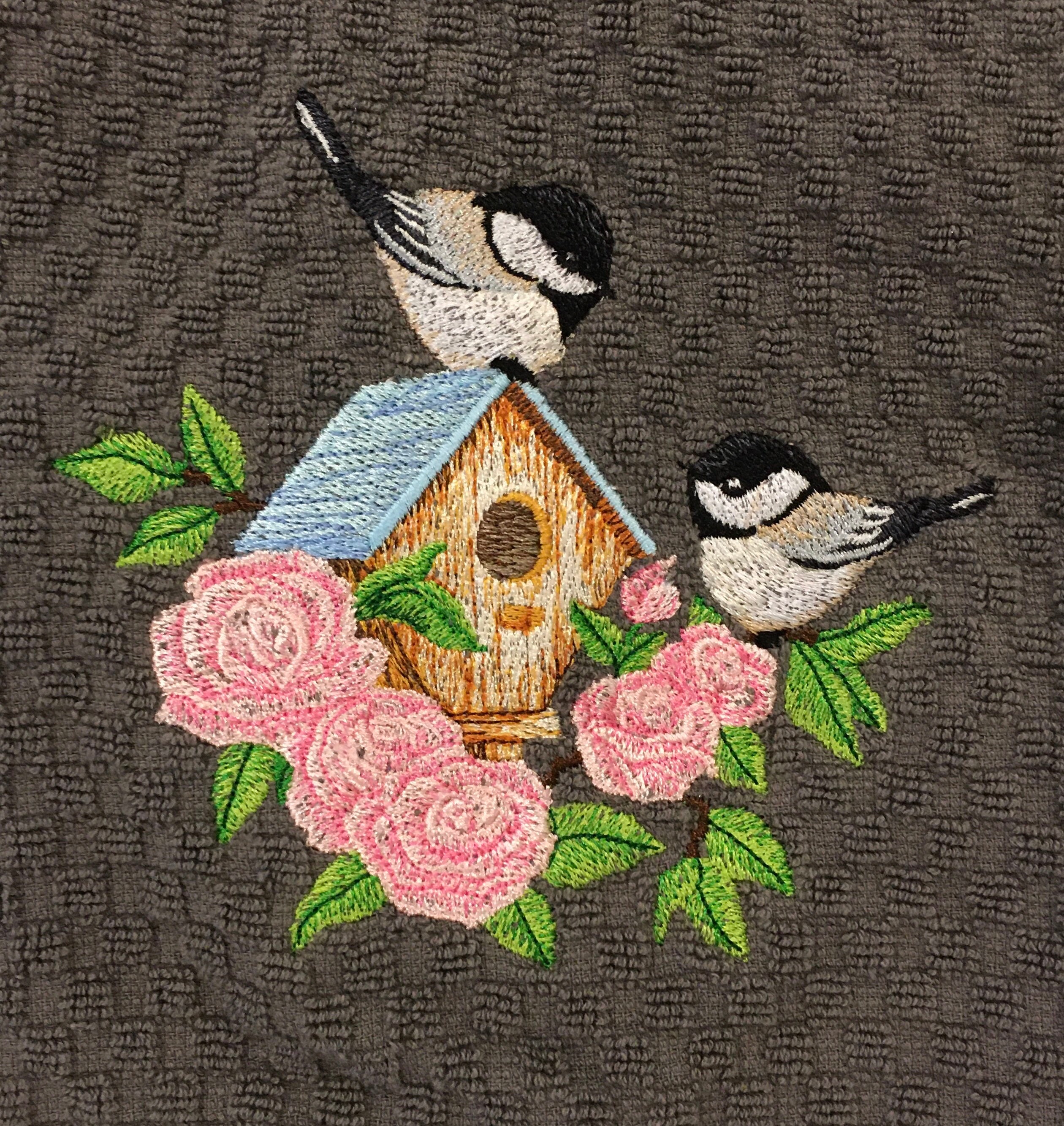 Embroidered Spring Chickadee Birds on Birdhouse Pink Roses | Etsy