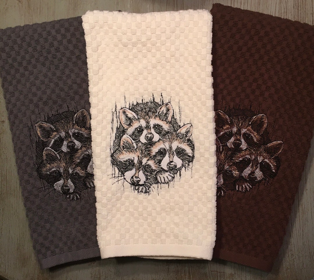 Embroidered Raccoon Kits Babies in Tree on White, Ivory, Gray, Tan or ...