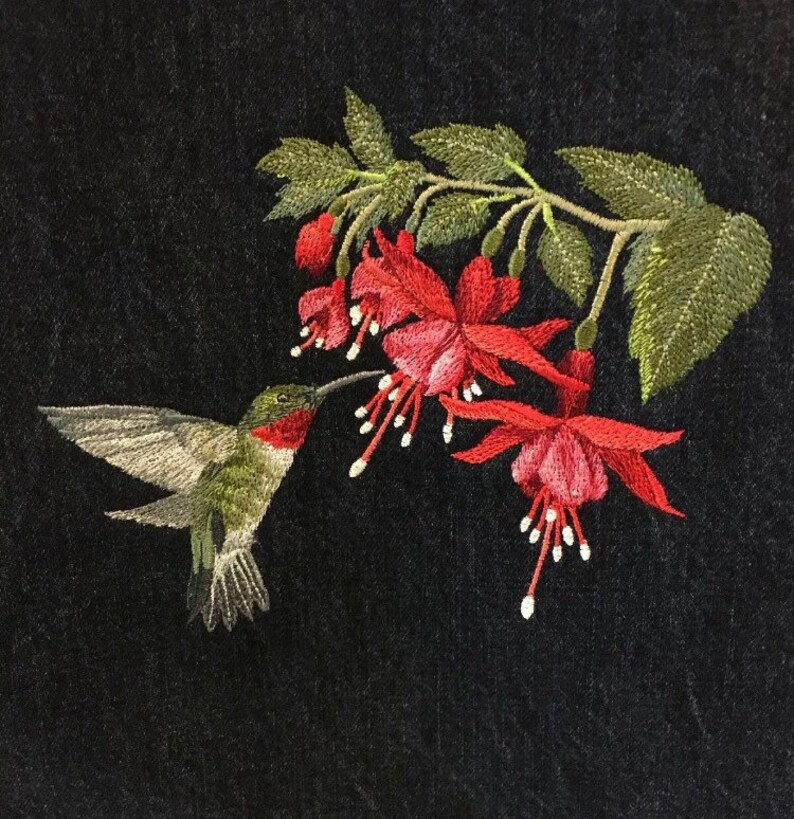 Embroidered Hummingbird with Fuchsia Flowers Large Cotton Dark | Etsy