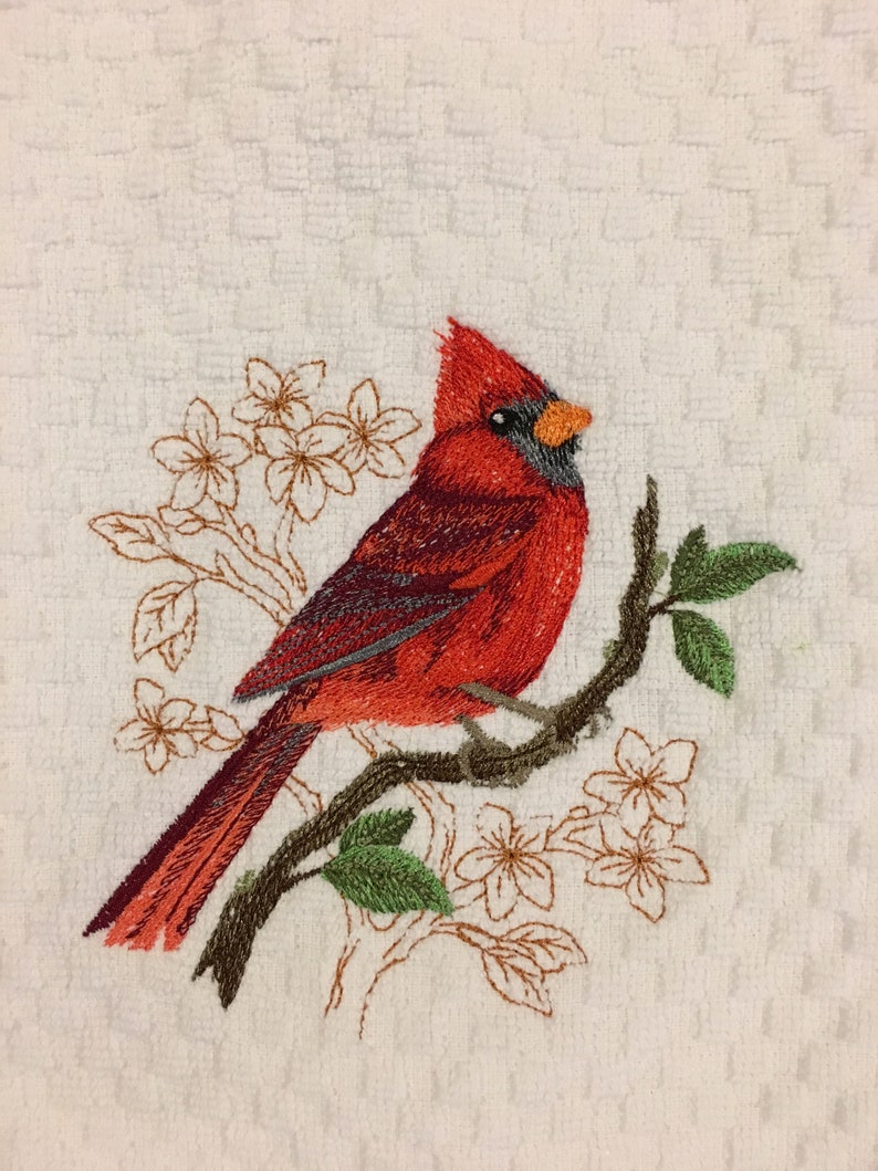 Embroidered Red Cardinal Bird on Leafy Branch Flowers Ivory - Etsy