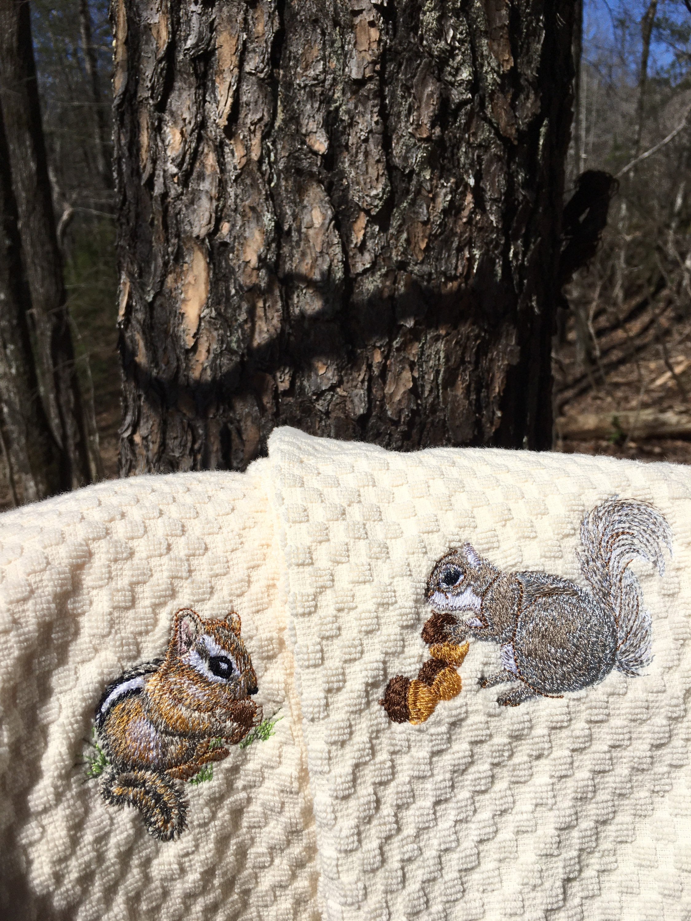 Embroidered Set Chipmunk & "gray" Squirrel on White, Ivory, Gray, Tan ...