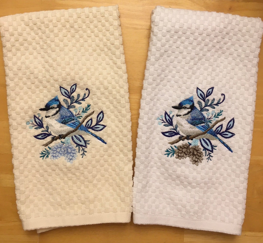 Embroidered Blue Jay Bird Pinecones Winter White, Ivory, Blue, Gray ...