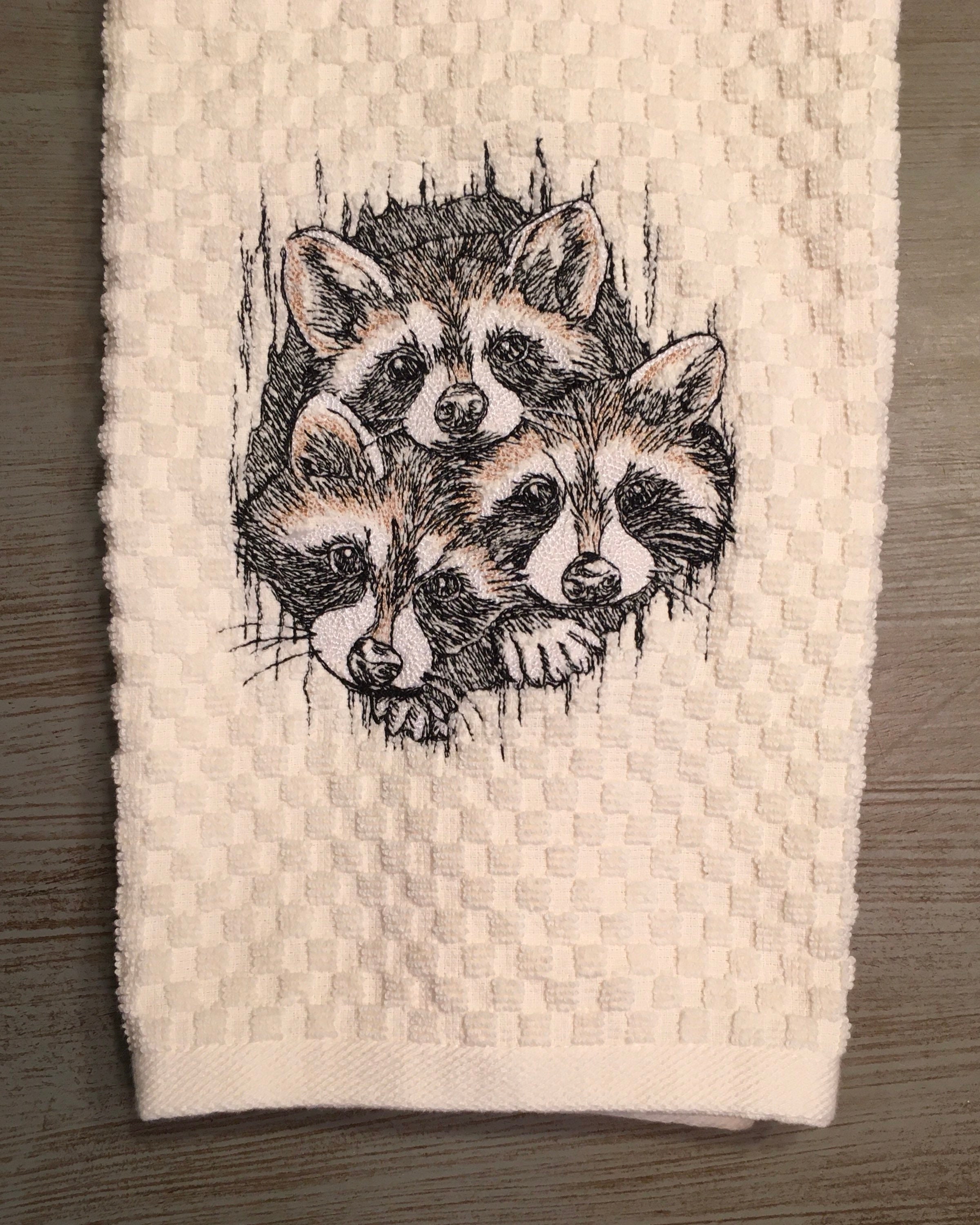 Embroidered Raccoon Kits Babies in Tree on White, Ivory, Gray, Tan or ...