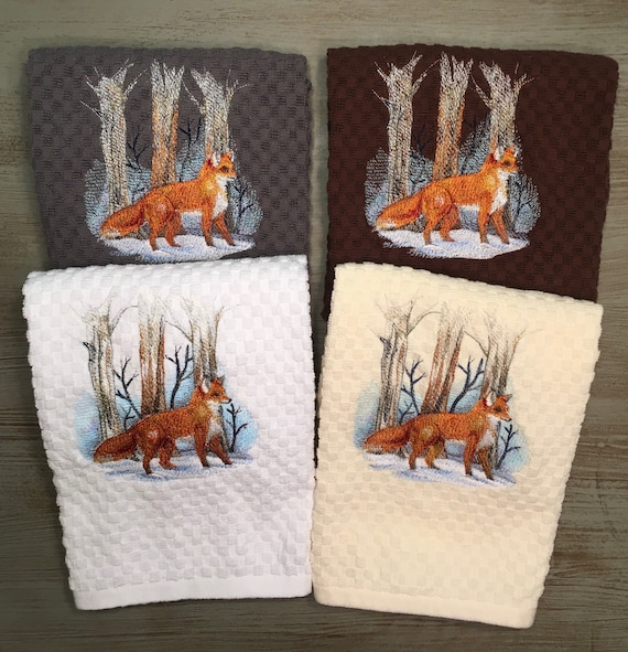 Embroidered Red Fox in Snowy Winter Woods on Ivory White Gray Blue Brown Black or Red Waffle Weave Terry Cotton Hand Dish Towel Etsy