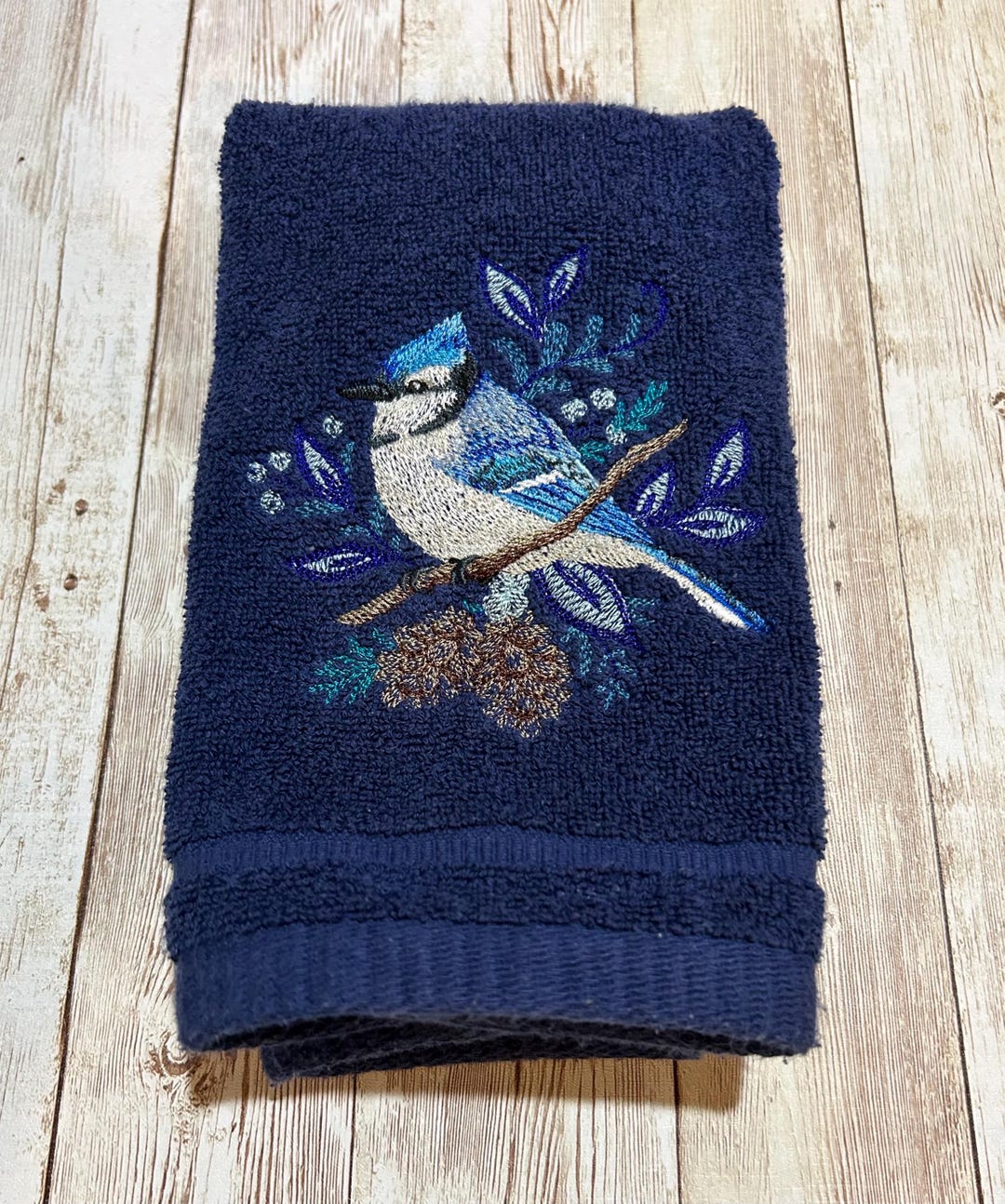 Embroidered Blue Jay Bird With Pine Cones Winter Blue Colors on Navy ...