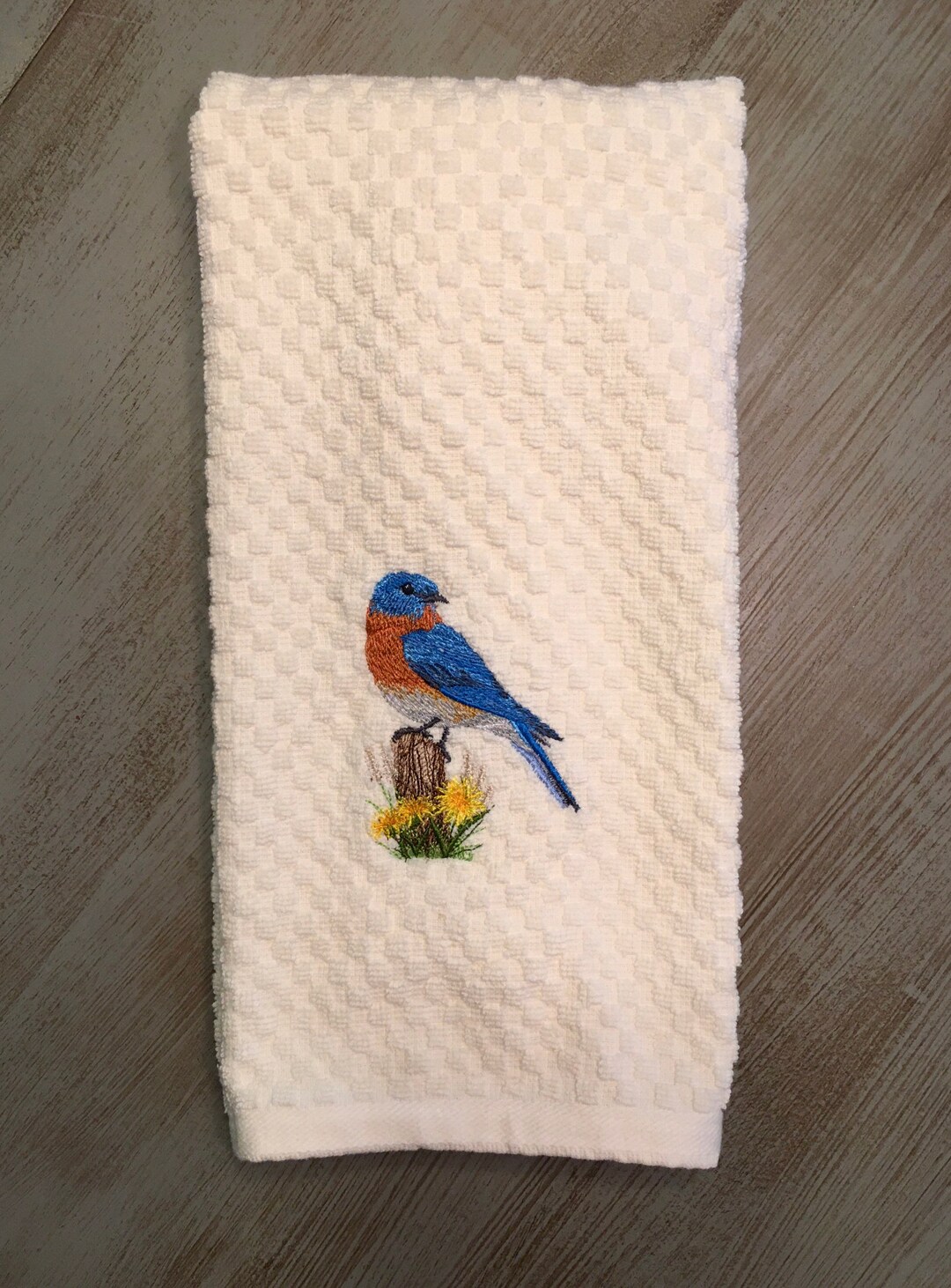 Embroidered Eastern Bluebird on Ivory or White Kitchen Waffle Weave ...