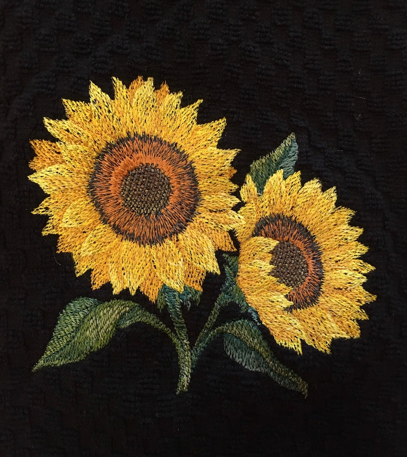 Embroidered Sunflower Designs on Black Kitchen Waffle Terry Cotton Hand ...
