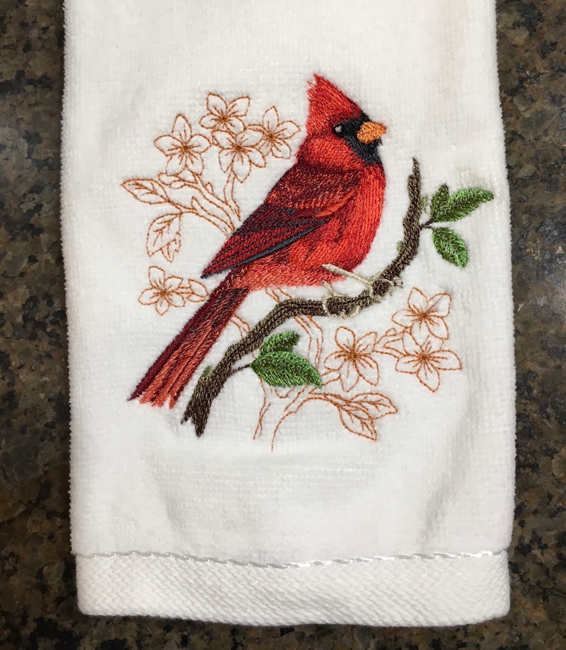 Embroidered Red Cardinal Bird on Leafy Branch Flowers on Your - Etsy