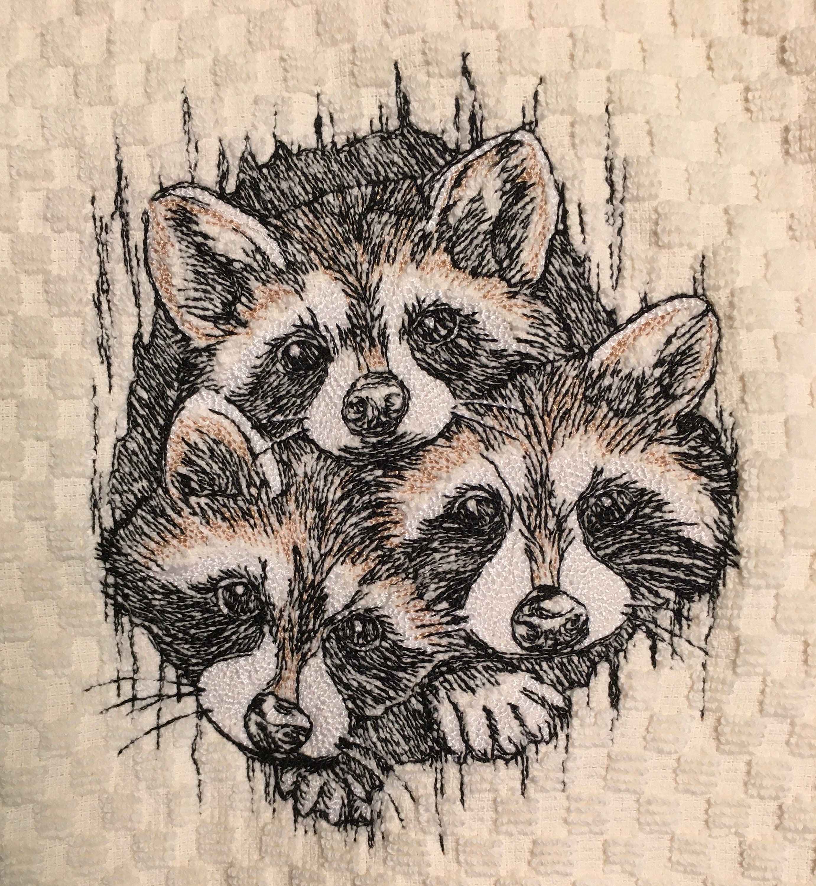 Embroidered Raccoon Kits Babies in Tree on White, Ivory, Gray, Tan or ...