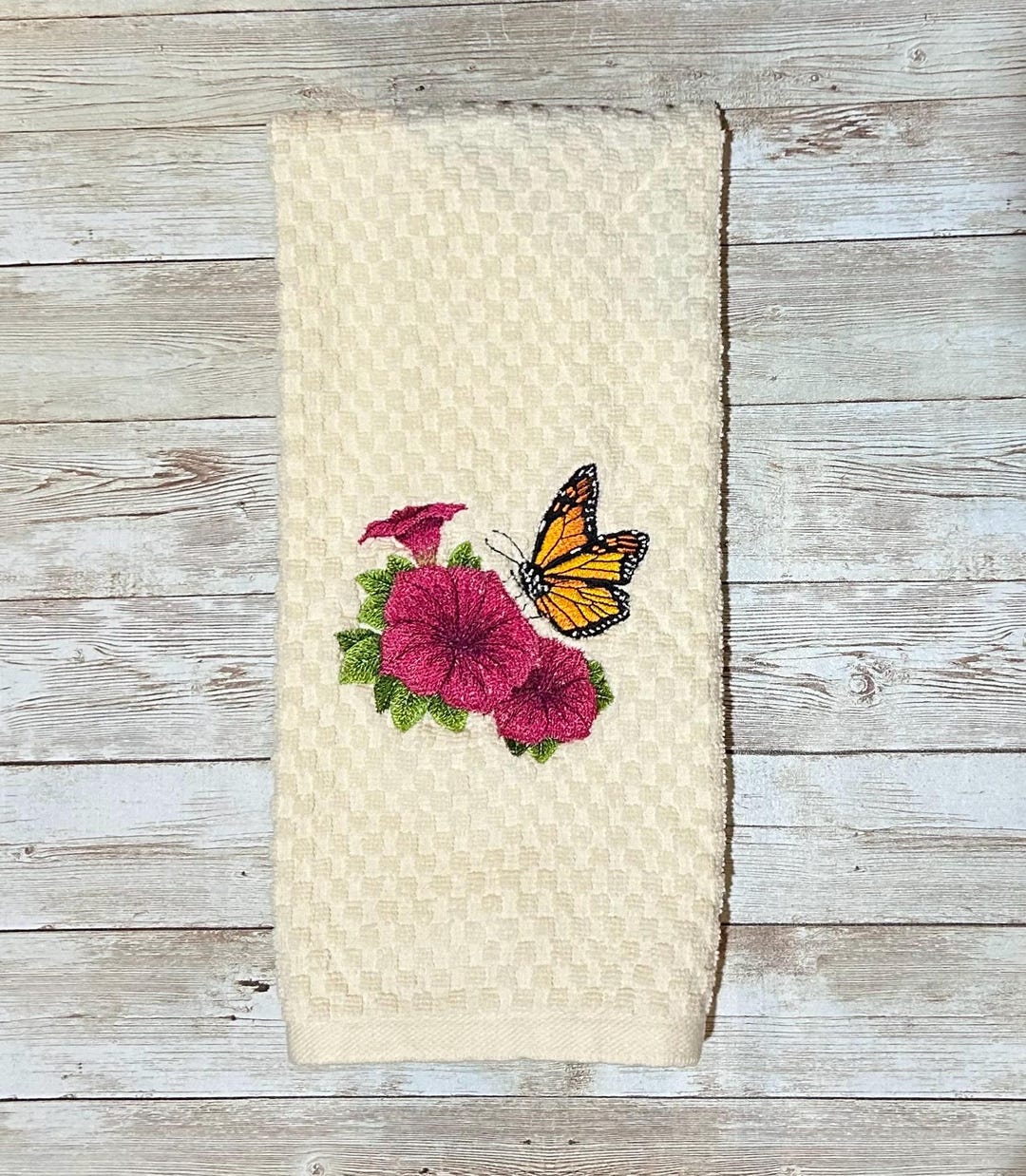 Embroidered Monarch Butterfly Petunias Kitchen Waffle Weave Terry ...