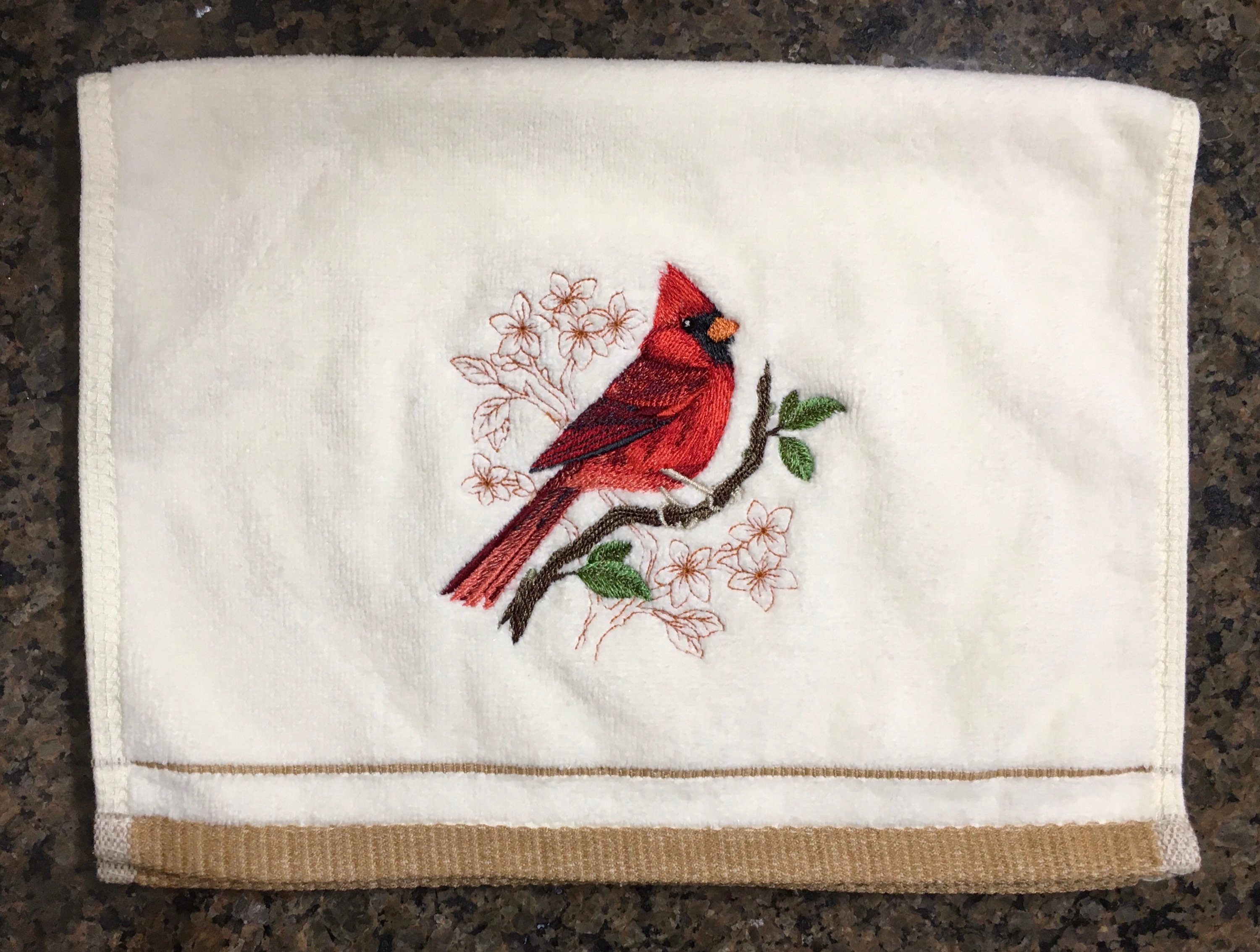 Embroidered Red Cardinal Bird on Leafy Branch Flowers Ivory - Etsy
