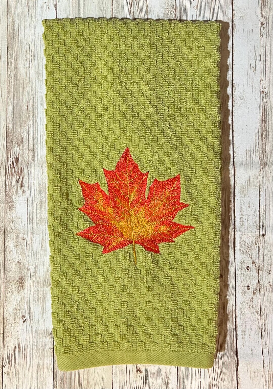 Embroidered Red Orange Autumn Fall Maple Leaf on Tan or Brown Kitchen ...