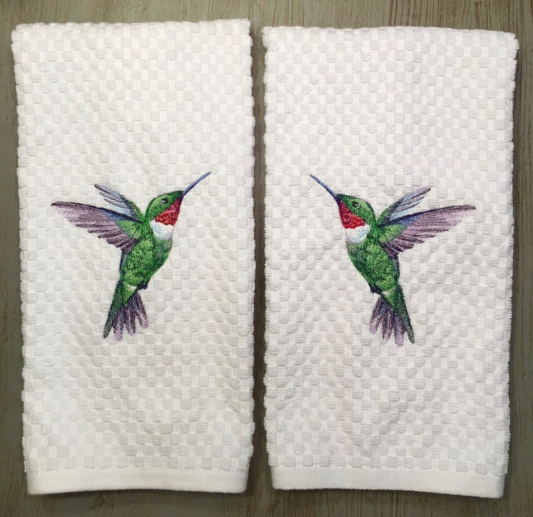 Set 2 Embroidered Ruby Throated Hummingbirds Kitchen Waffle Weave Terry ...