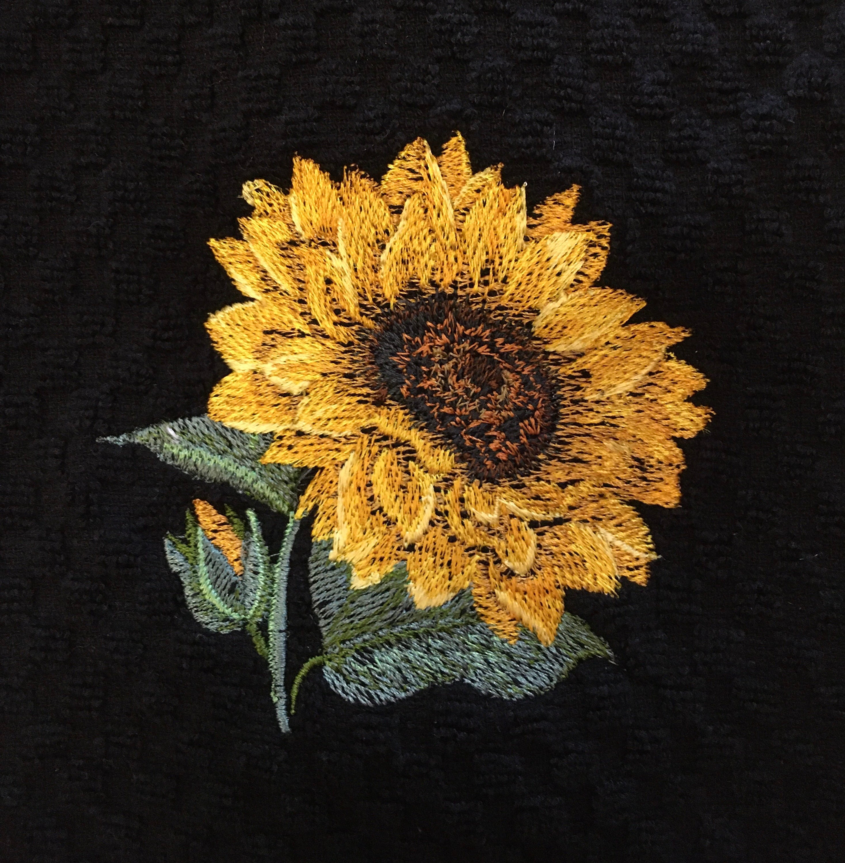 Embroidered Sunflower Designs on Black Kitchen Waffle Terry Cotton Hand ...