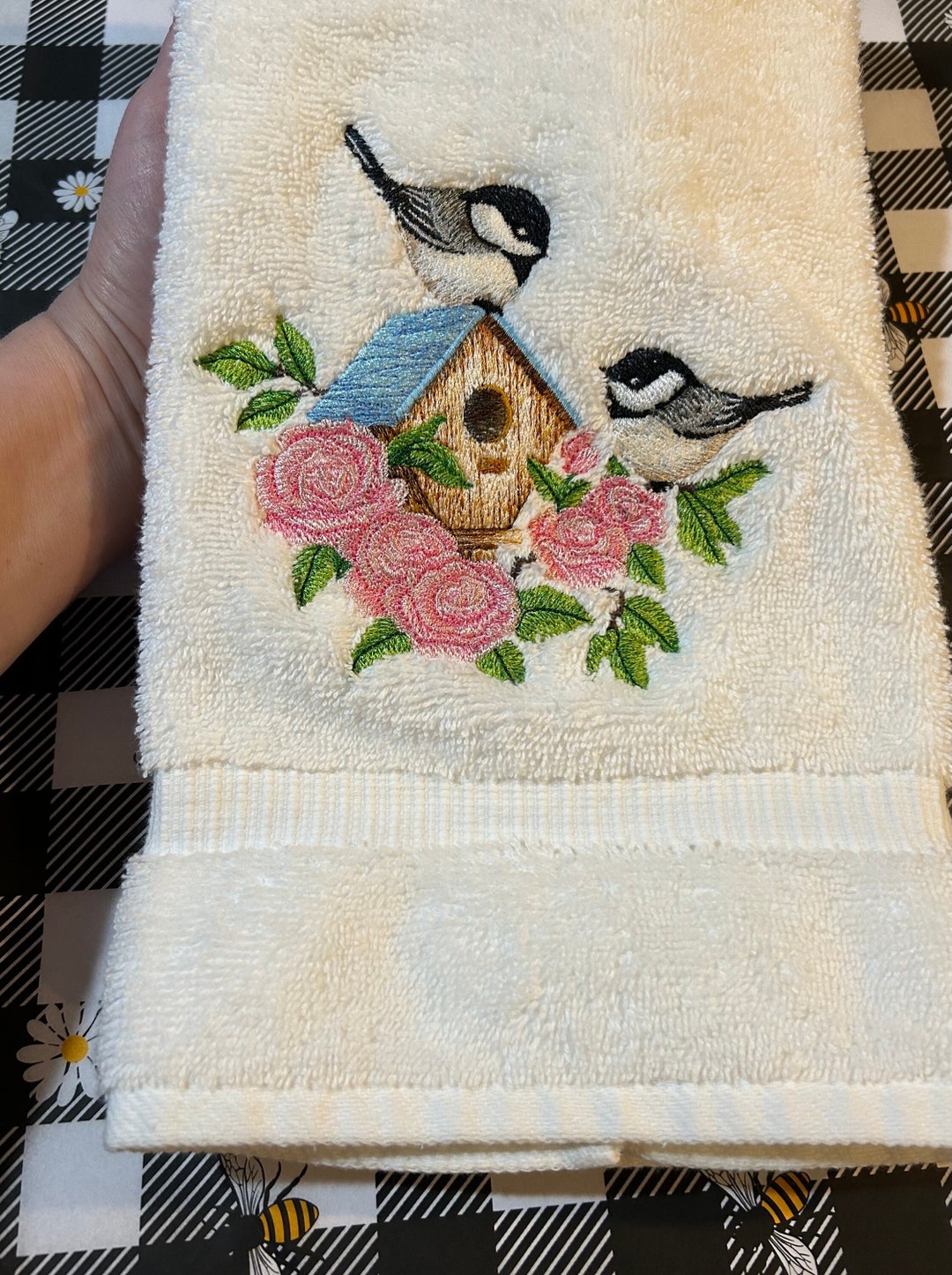 Embroidered Chickadee Birds on Blue-roofed Birdhouse With Pink Roses ...