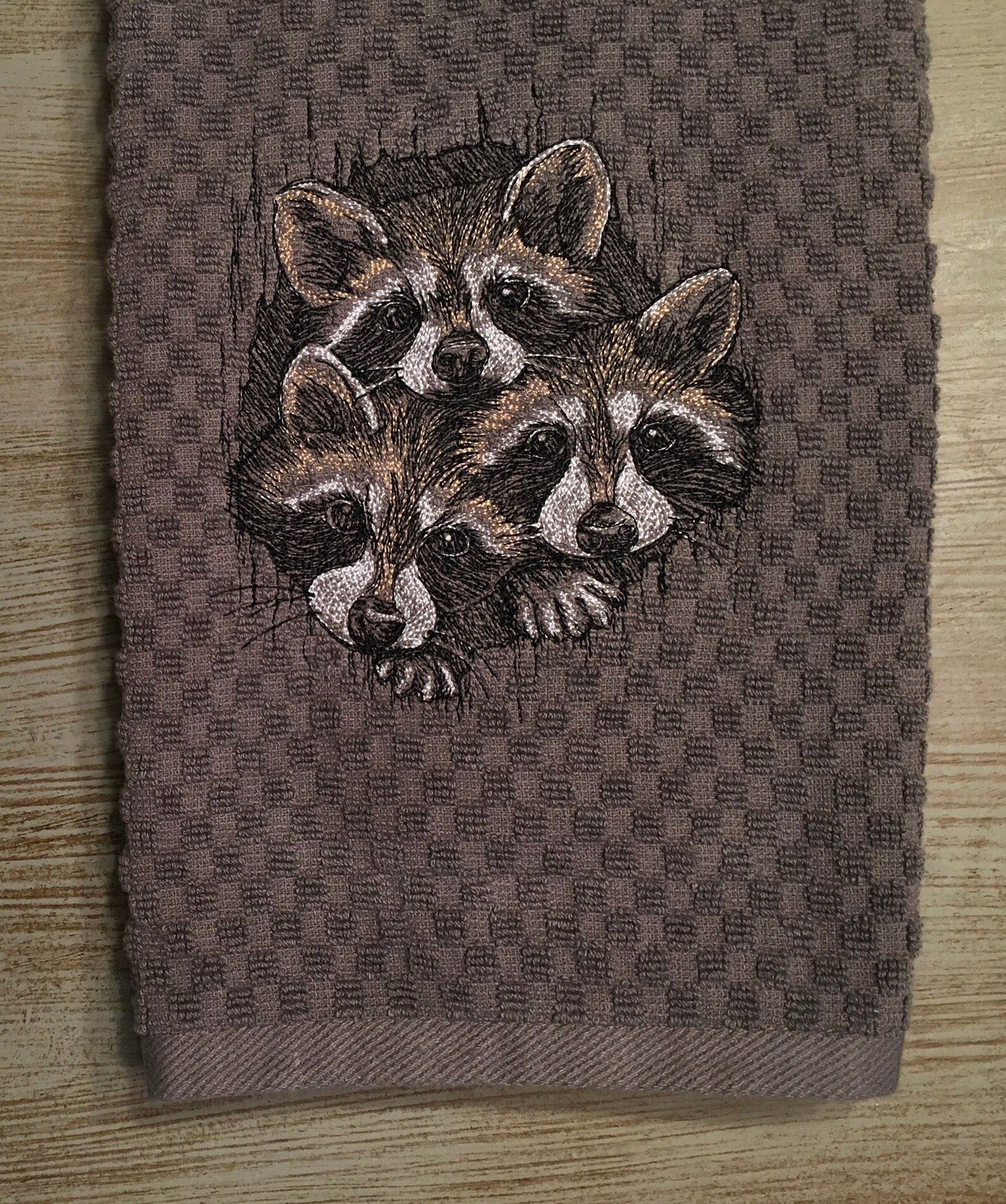 Embroidered Raccoon Kits Babies in Tree on Ivory Gray Brown - Etsy
