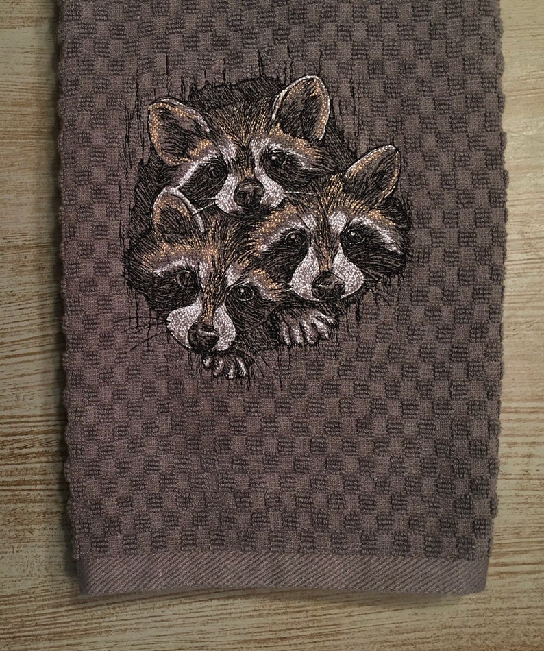 Embroidered Raccoon Kits Babies in Tree on White, Ivory, Gray, Tan or ...