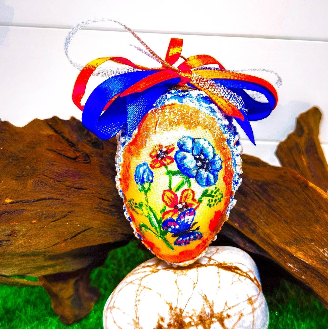 Blue Hand Painted Hanging Easter Egg With Blue Flower and Butterfly ...