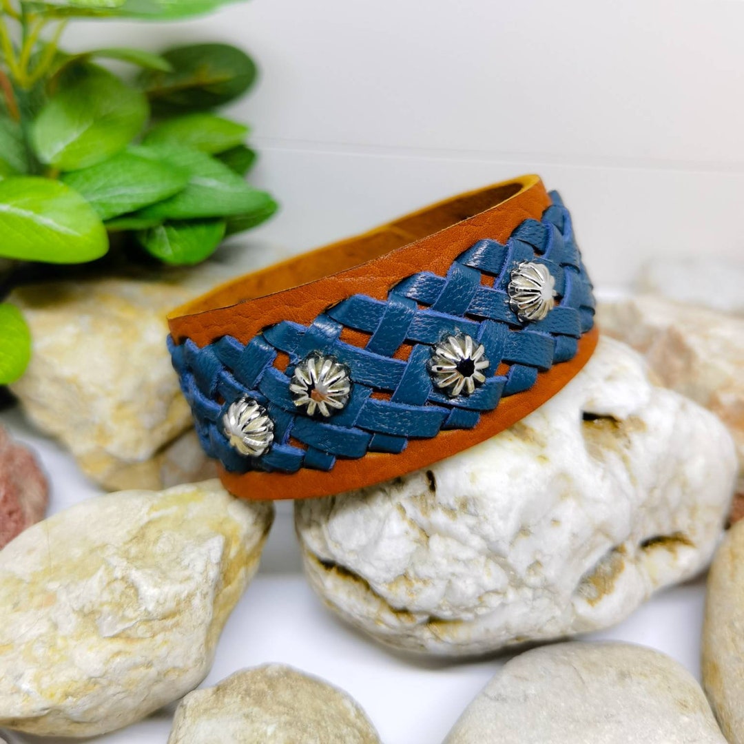 Handcrafted Woven Leather Cuff Bracelet: Rustic Blue & Tan Bohemian ...