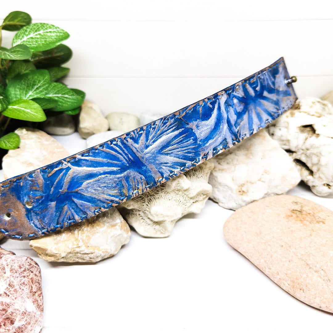 Handcrafted Blue Leather Cuff Bracelet: Embossed Leaf Design, Unisex ...