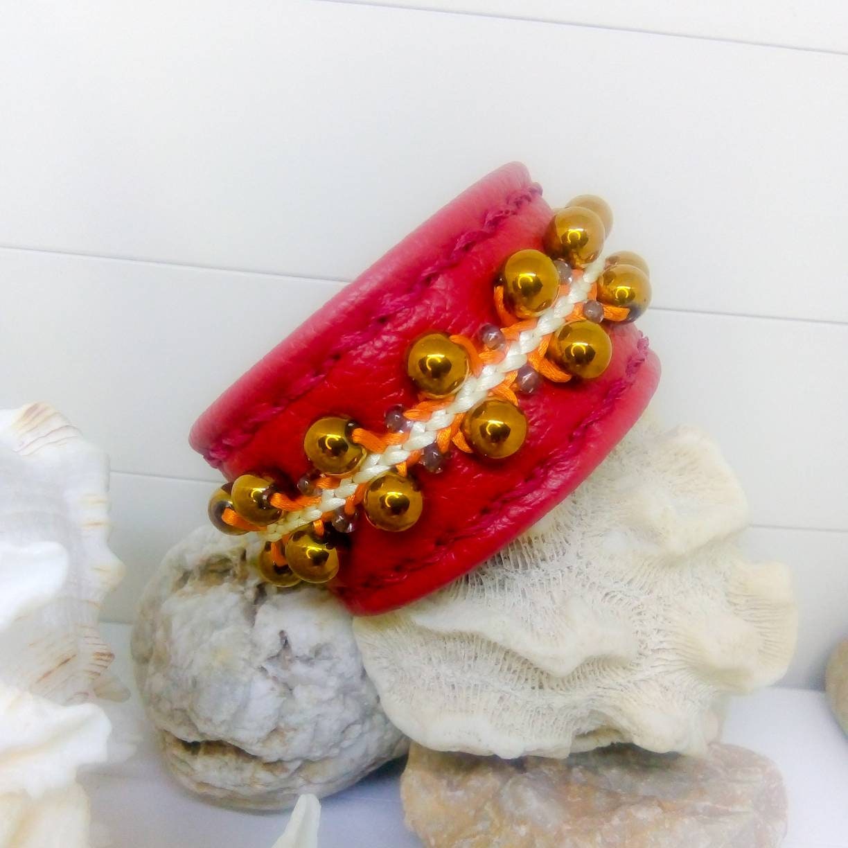 Red Unique Handmade Bracelet for Women's,leather Cuff With Kumihimo ...